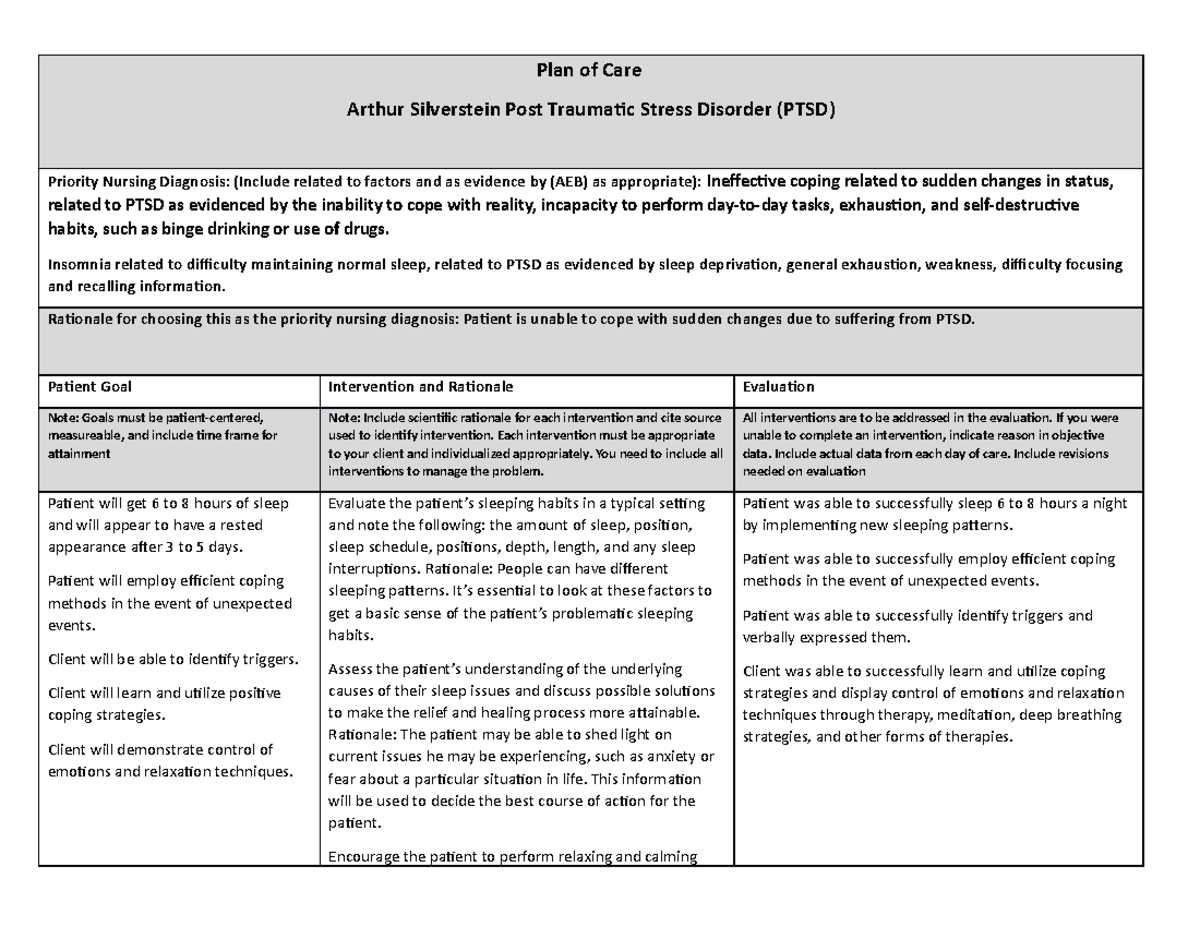 Week 1 Arthur Silverstein PTSD Nursing Care Plan - Plan of Care Arthur ...