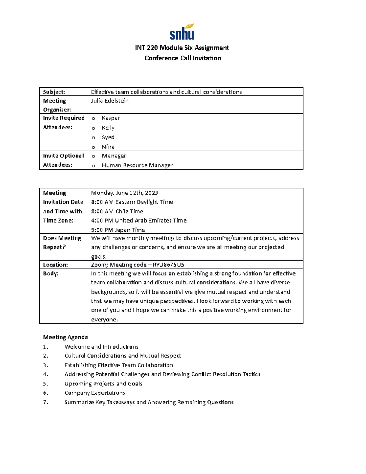 INT 220 Conference Call Invitation - INT 220 Module Six Assignment ...