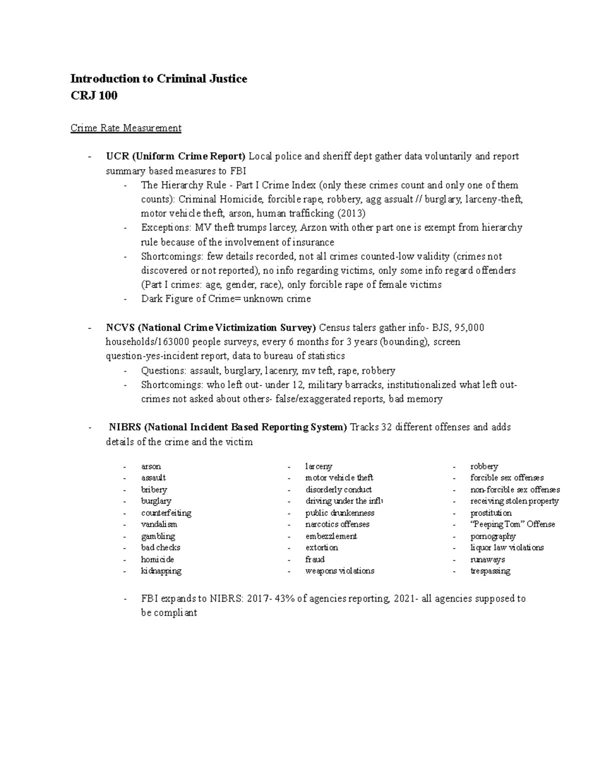 Intro to Criminal Justice Notes 1 - Introduction to Criminal Justice ...