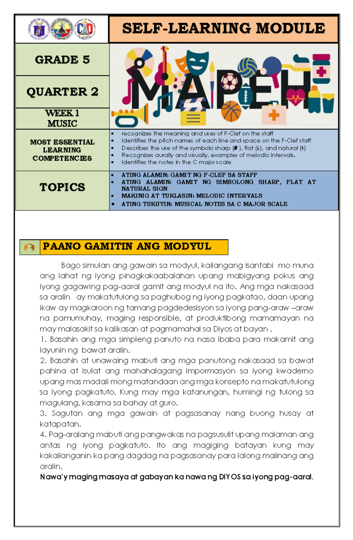 Mapeh 5 Q2 Week 1 Music - SCIENCE - Bago simulan ang gawain sa modyul ...