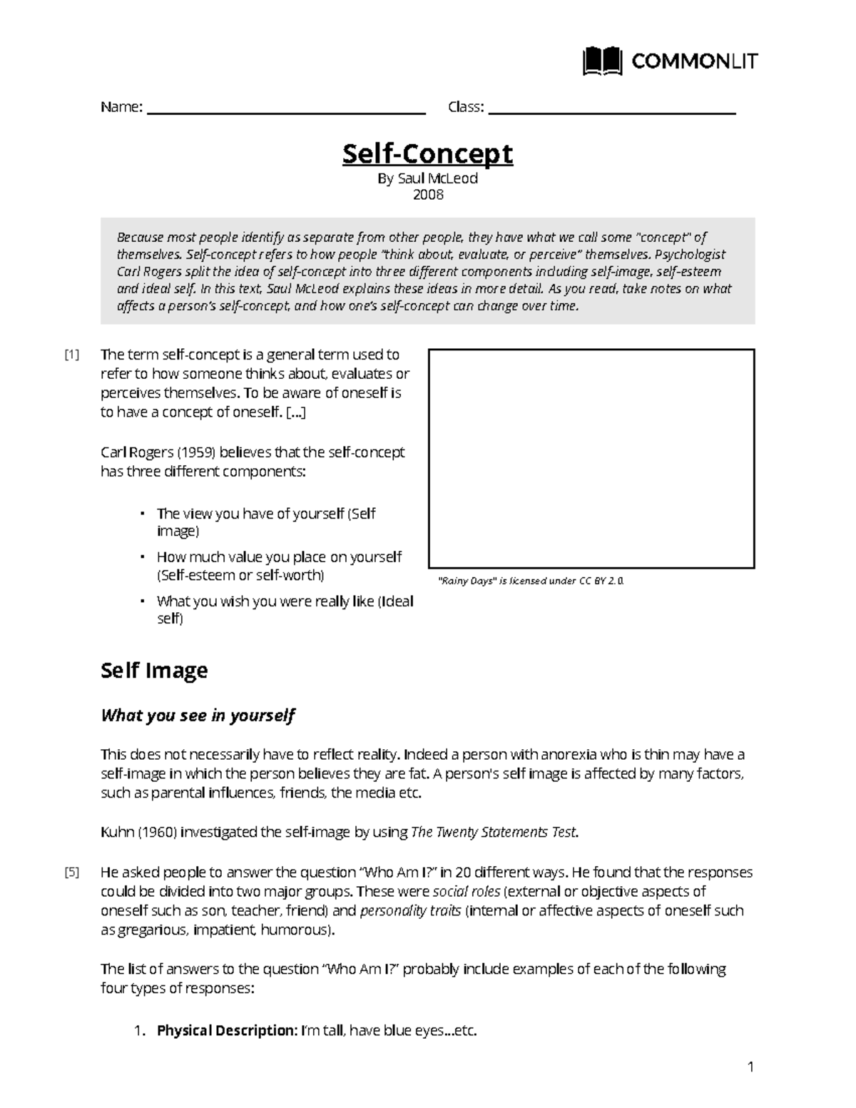 Article Self-Concept by Saul Mc Leod - Name: Class: "Rainy Days" is ...