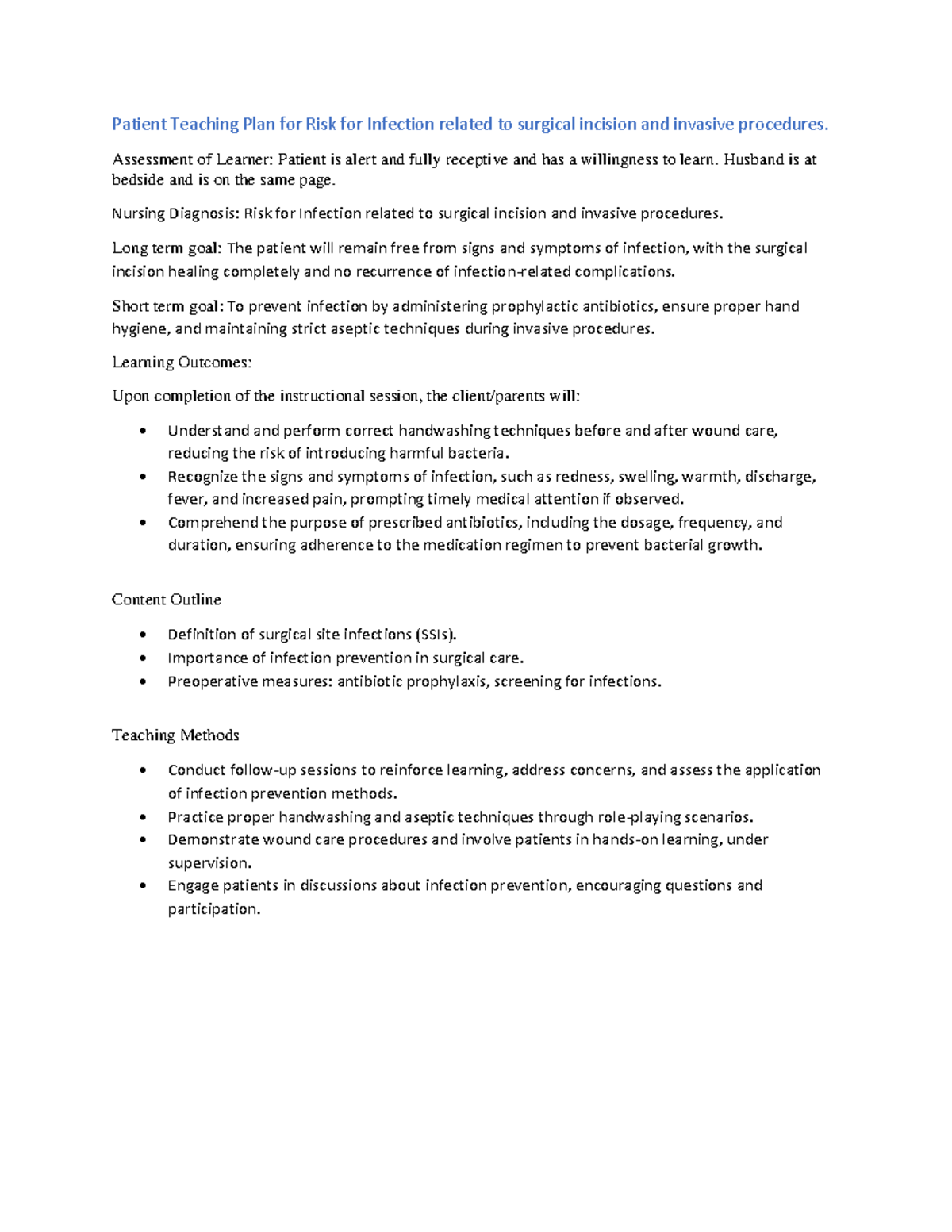 Teaching Plan OB 2023 - nursing - Patient Teaching Plan for Risk for ...