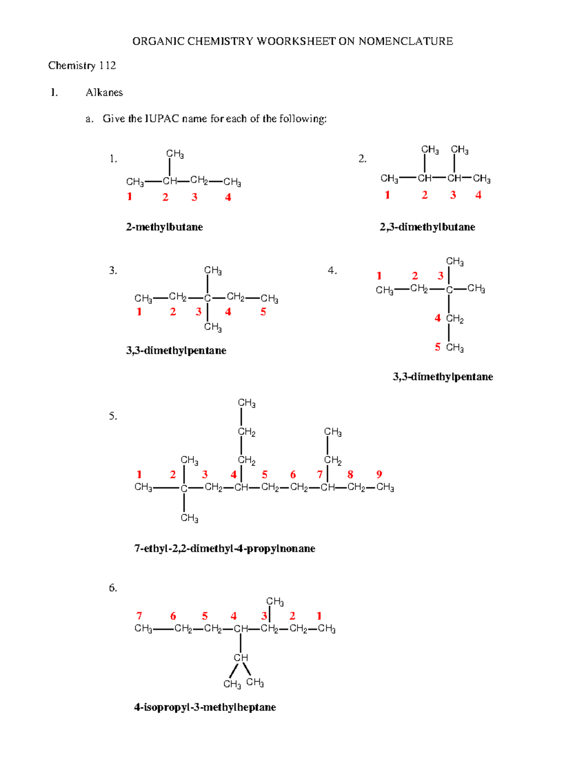 Organic nomenclature Exam 4 - ORGANIC CHEMISTRY WOORKSHEET ON ...