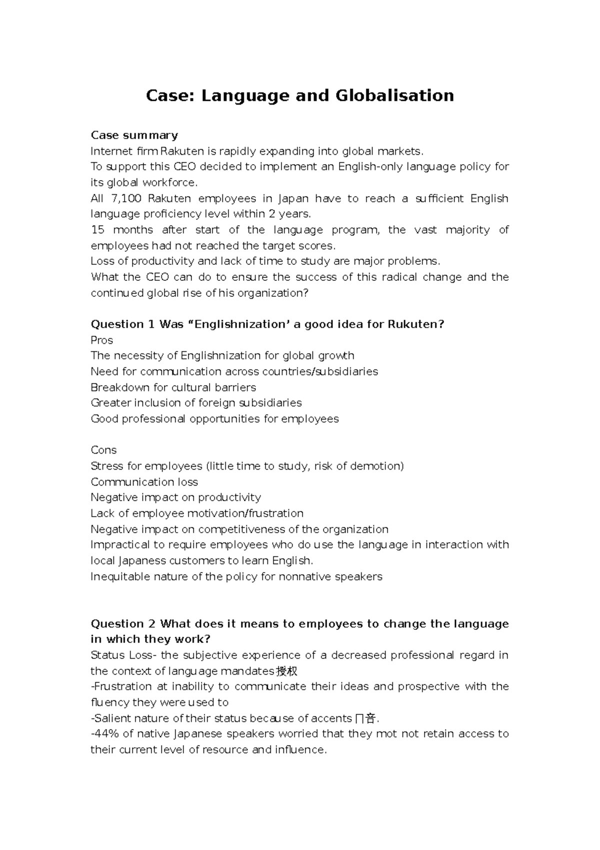 Case Analysis-Language and Globalisation - Case: Language and ...