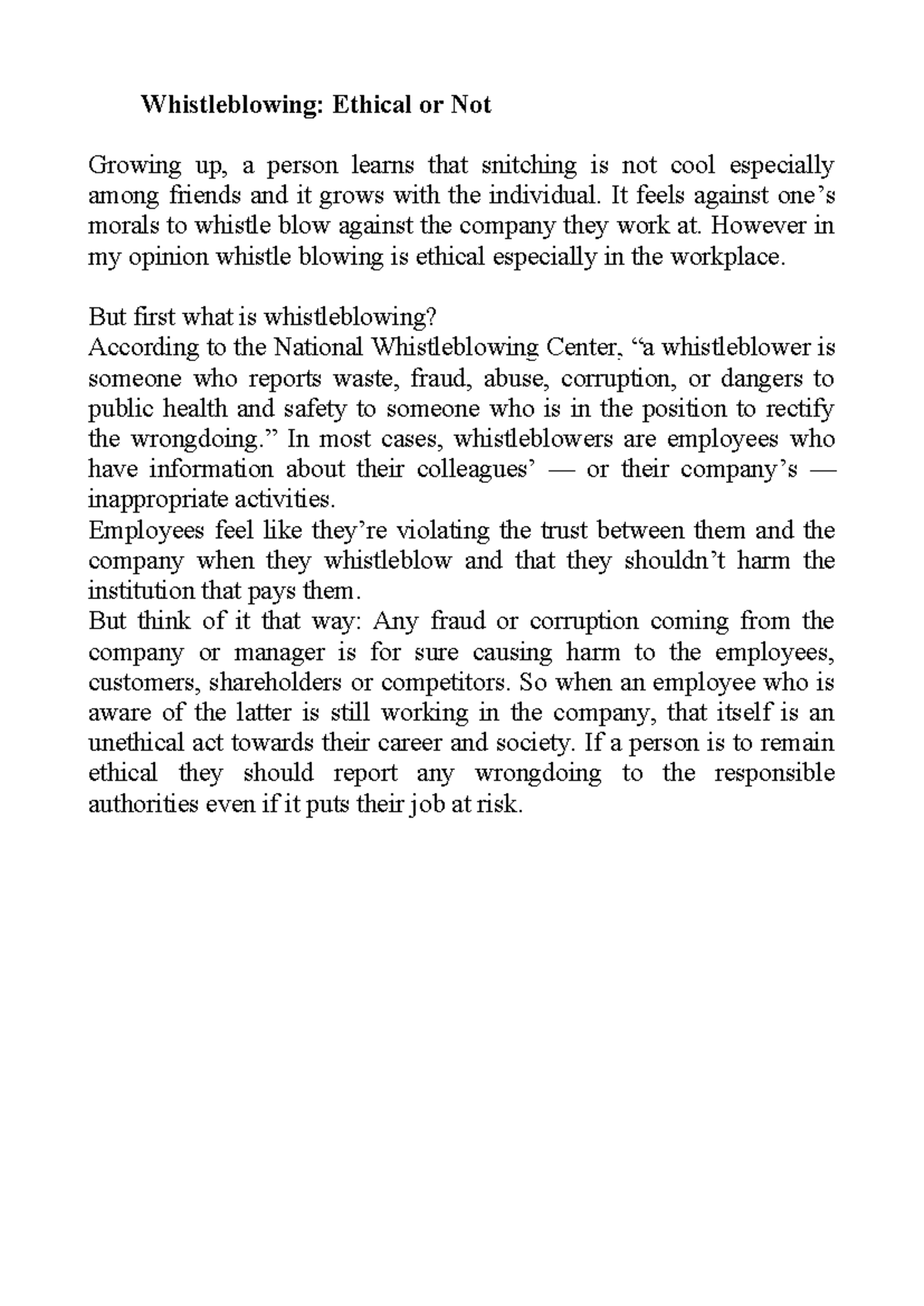 Whistleblowing assignment - Whistleblowing: Ethical or Not Growing up ...