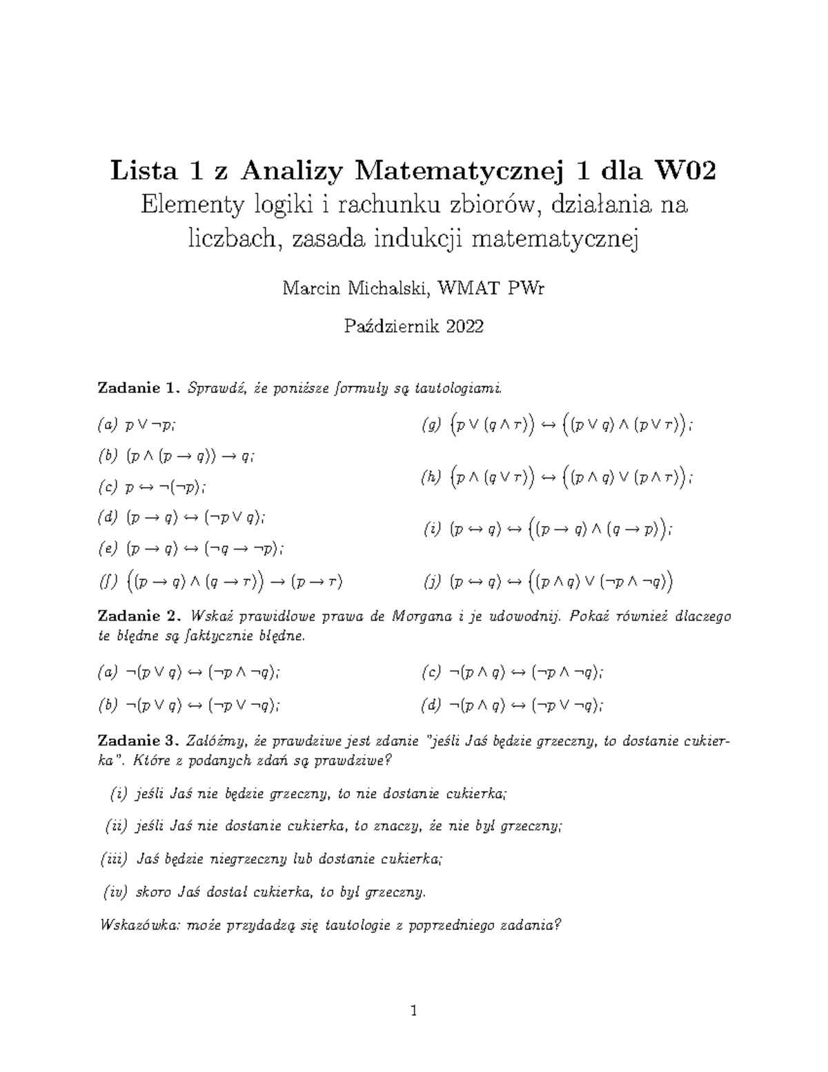 Am1 l1 - lista zadań - Lista 1 z Analizy Matematycznej 1 dla W Elementy logiki i rachunku ...