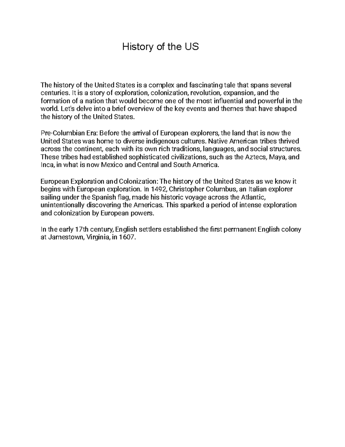 US History - REGULAR WORK - History of the US The history of the United ...