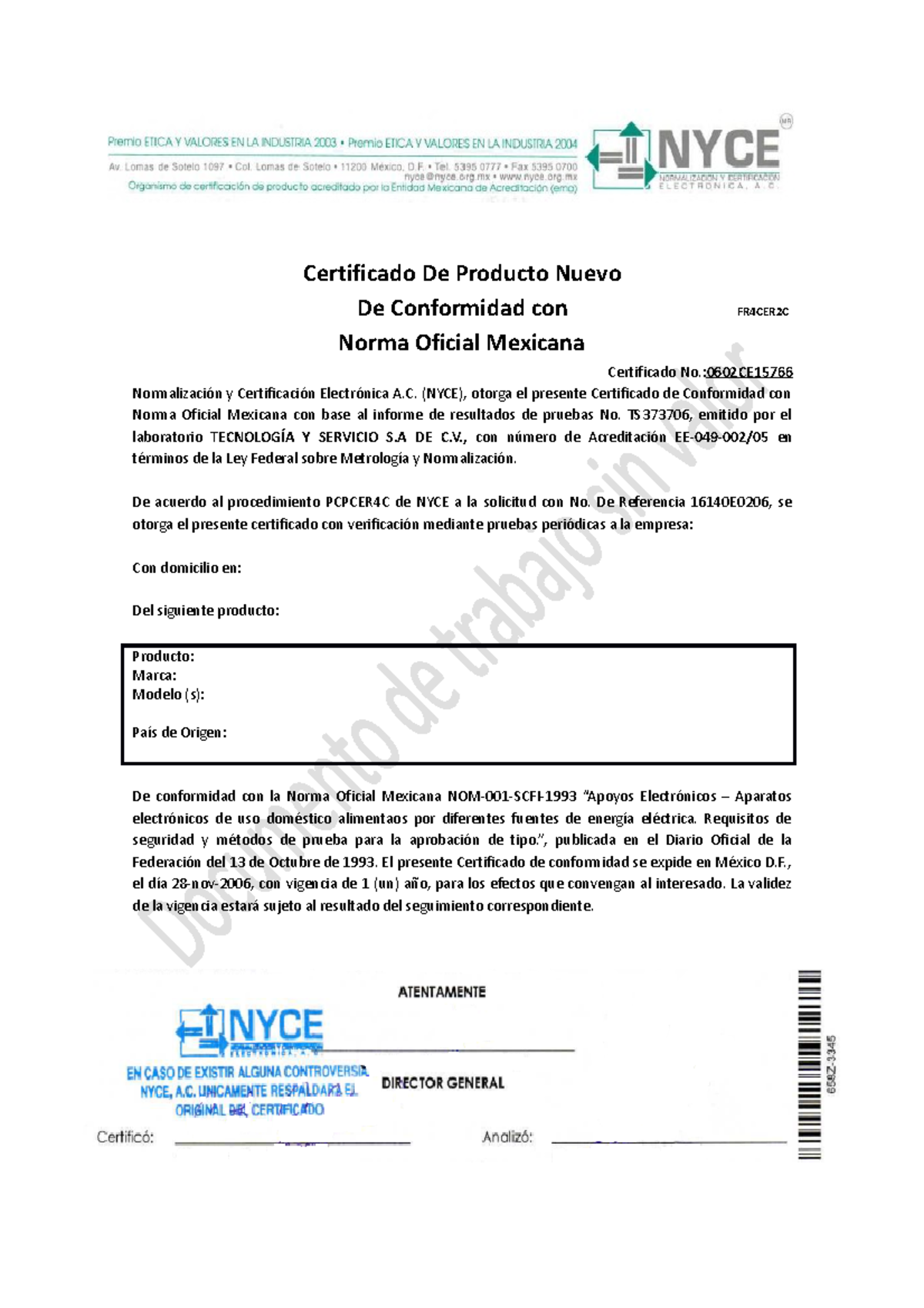 U3 Act1 Caso3 Certificado NOM - Certificado De Producto Nuevo De ...