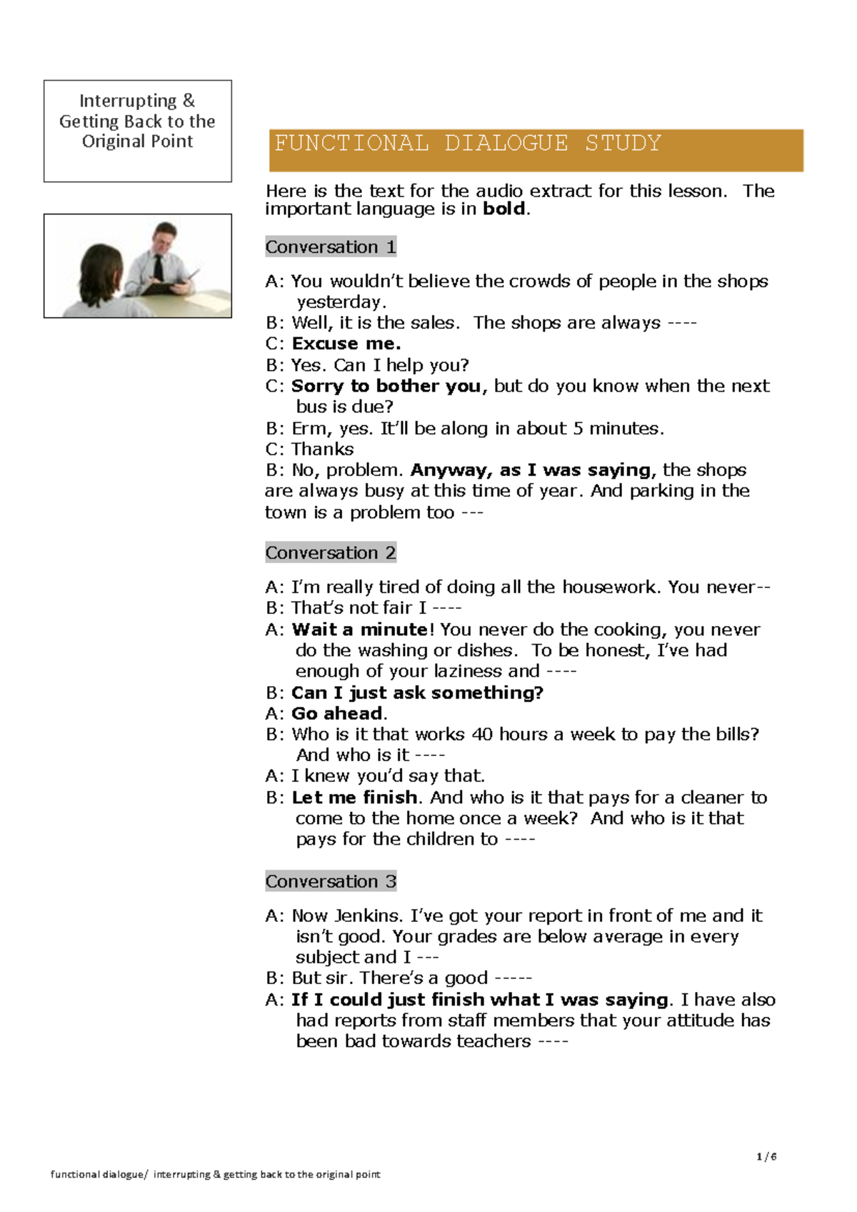 Interrupting and getting back on topic study - 1 / 6 Getting Back to ...