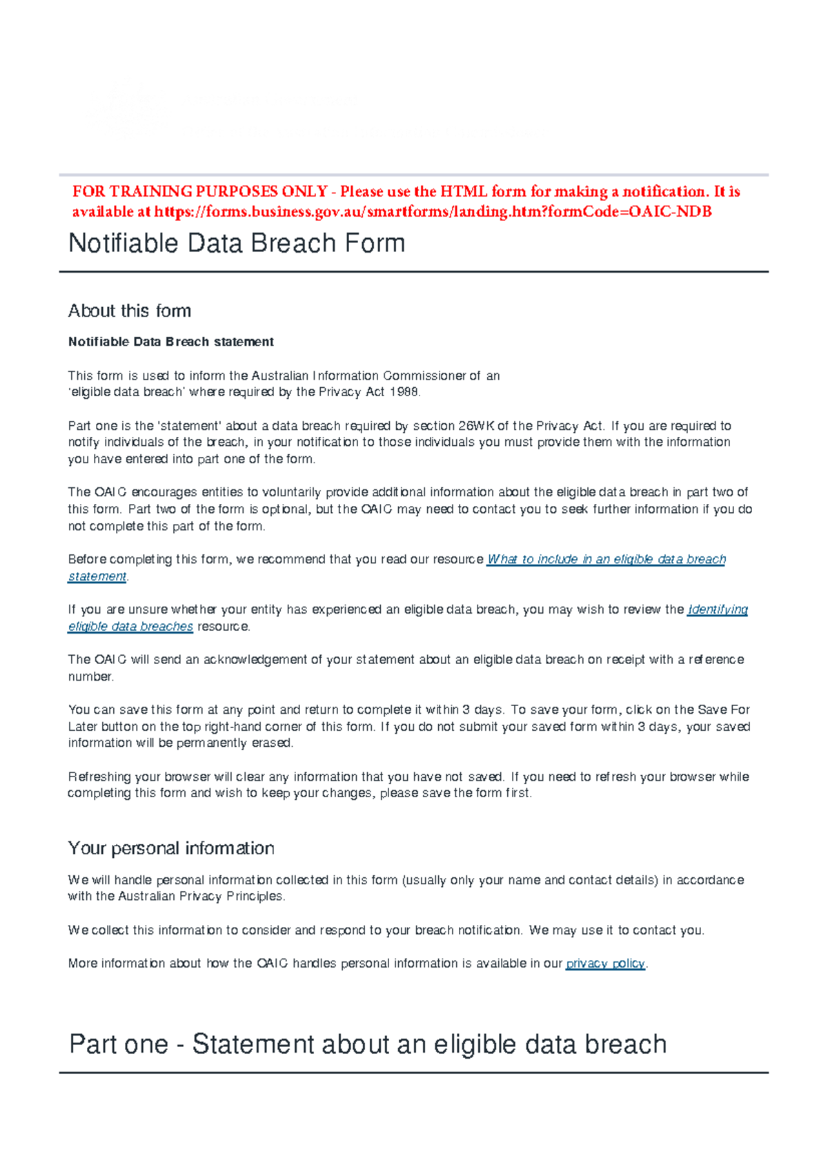 Oaic ndb form for training purposes only - Notifiable Data Breach Form ...