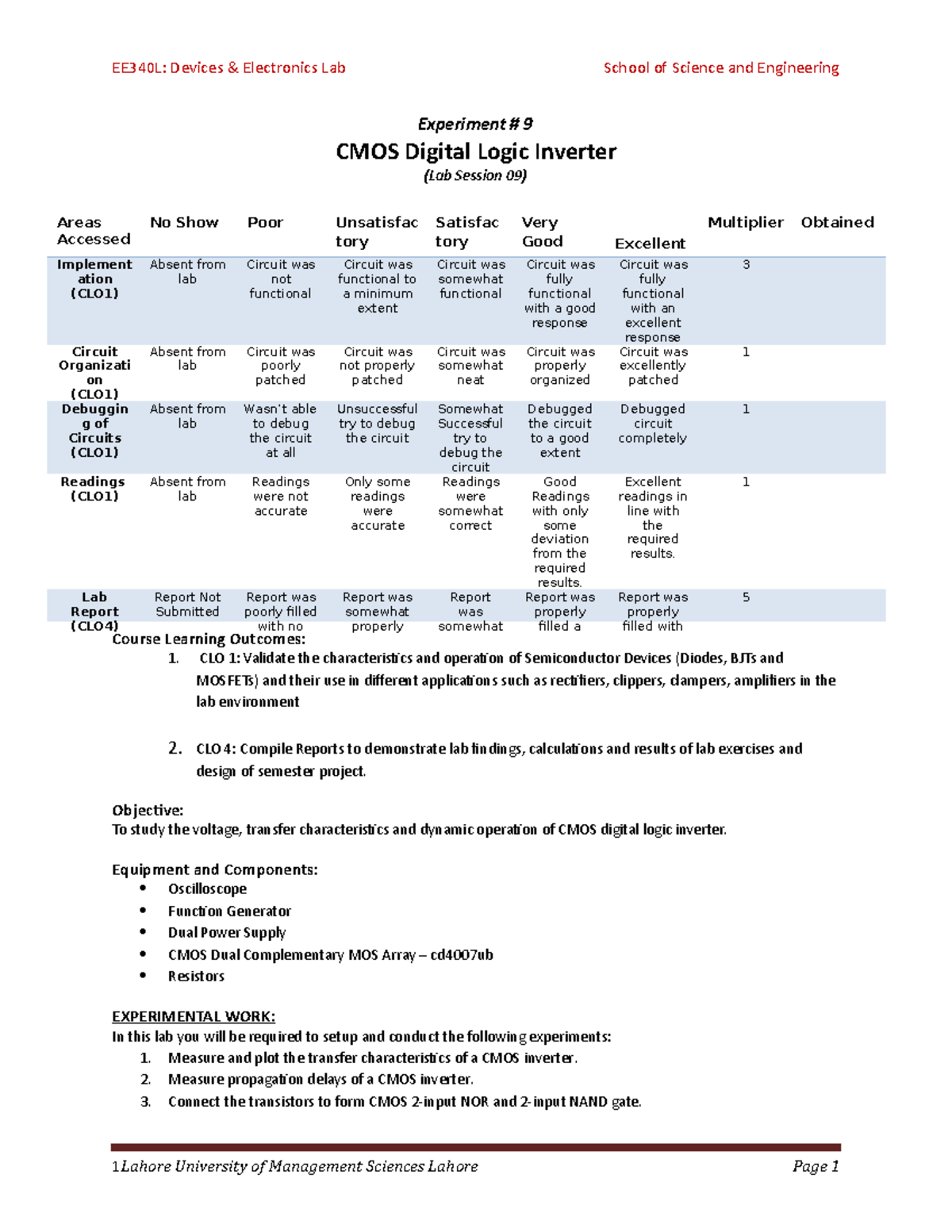 LAB 9 - oejsf - Experiment # 9 CMOS Digital Logic Inverter (Lab Session 09) Course Learning ...