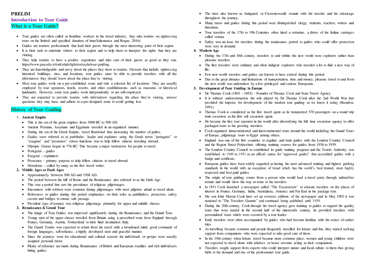 Prelim Topics Reviewer TOUR Guiding - PRELIM Introduction to Tour Guide ...