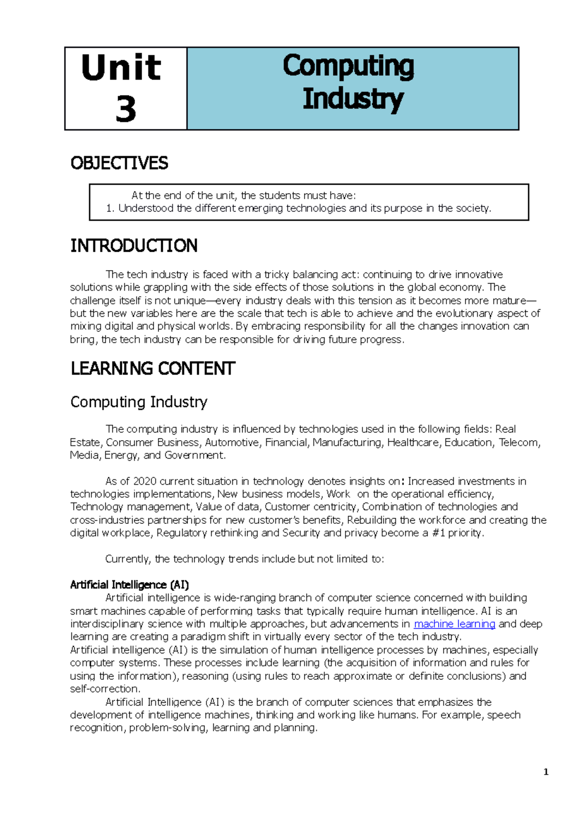 Unit 3 - Computing Industry - Unit 3 Computing Industry OBJECTIVES ...