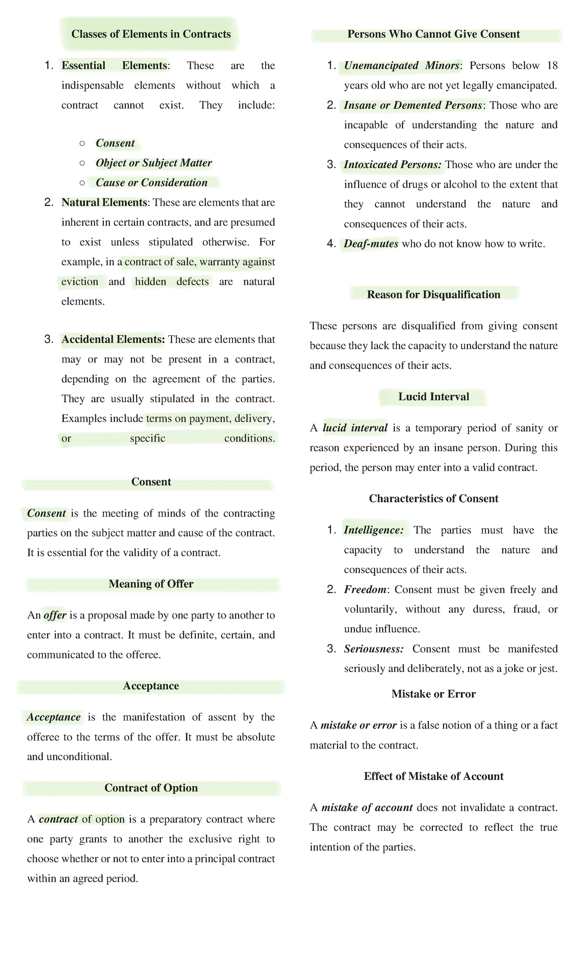 Law notes on semi - Classes of Elements in Contracts Essential Elements ...