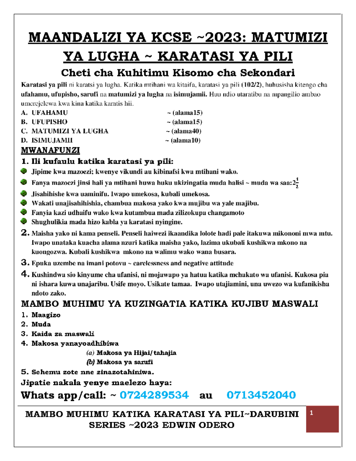 Maswali YA MADA ZOTE ~ l Lugha - Entrepreneurship Education - Studocu