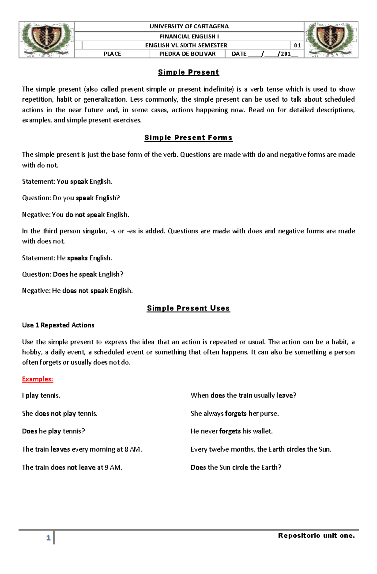 01. Lecturas principales. Present simple tense - UNIVERSITY OF ...