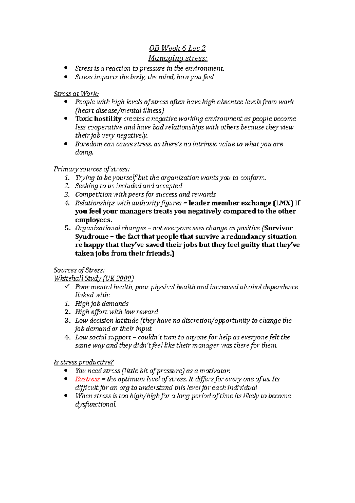 OB Week 6 Lec 2 - Lecture notes 6.2 - OB Week 6 Lec 2 Managing stress ...