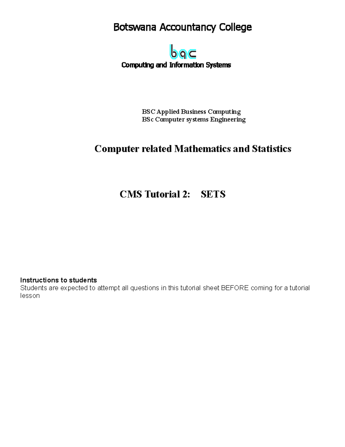 Tutorial 2 - SETS - Botswana Accountancy College Computing and ...