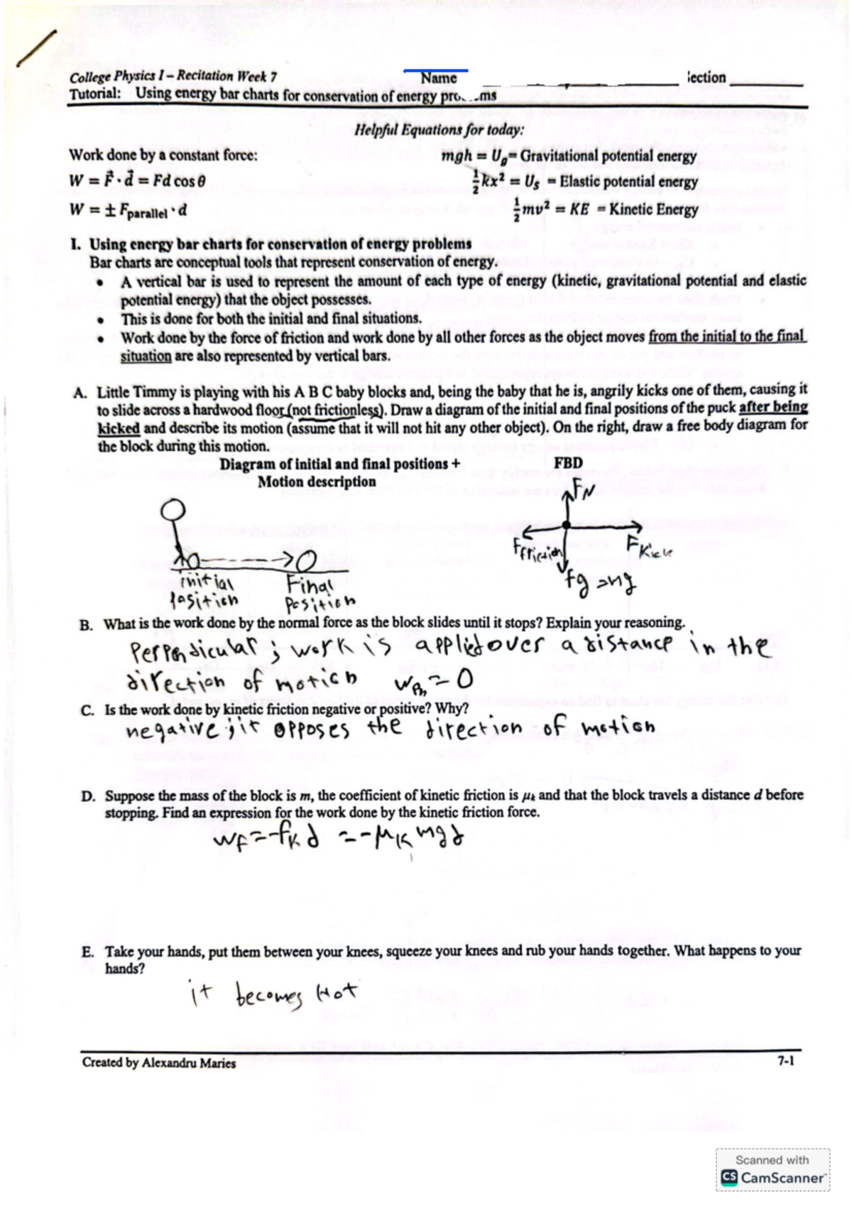 Recitation week 7 - College Physics I Recitation Week 7 Name ction Tutorial: Using energy bar ...