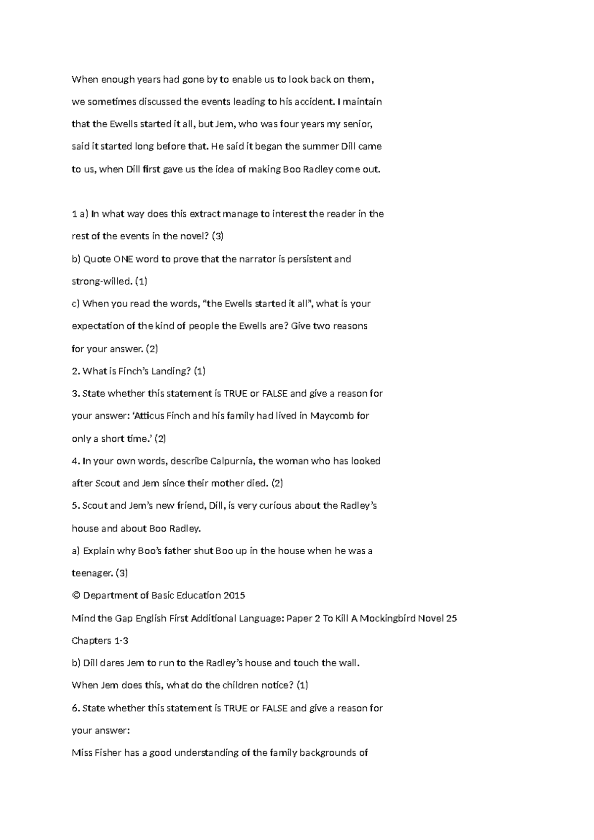 Gr.10 Novel Informal Test Term 3 2023 - When enough years had gone by ...