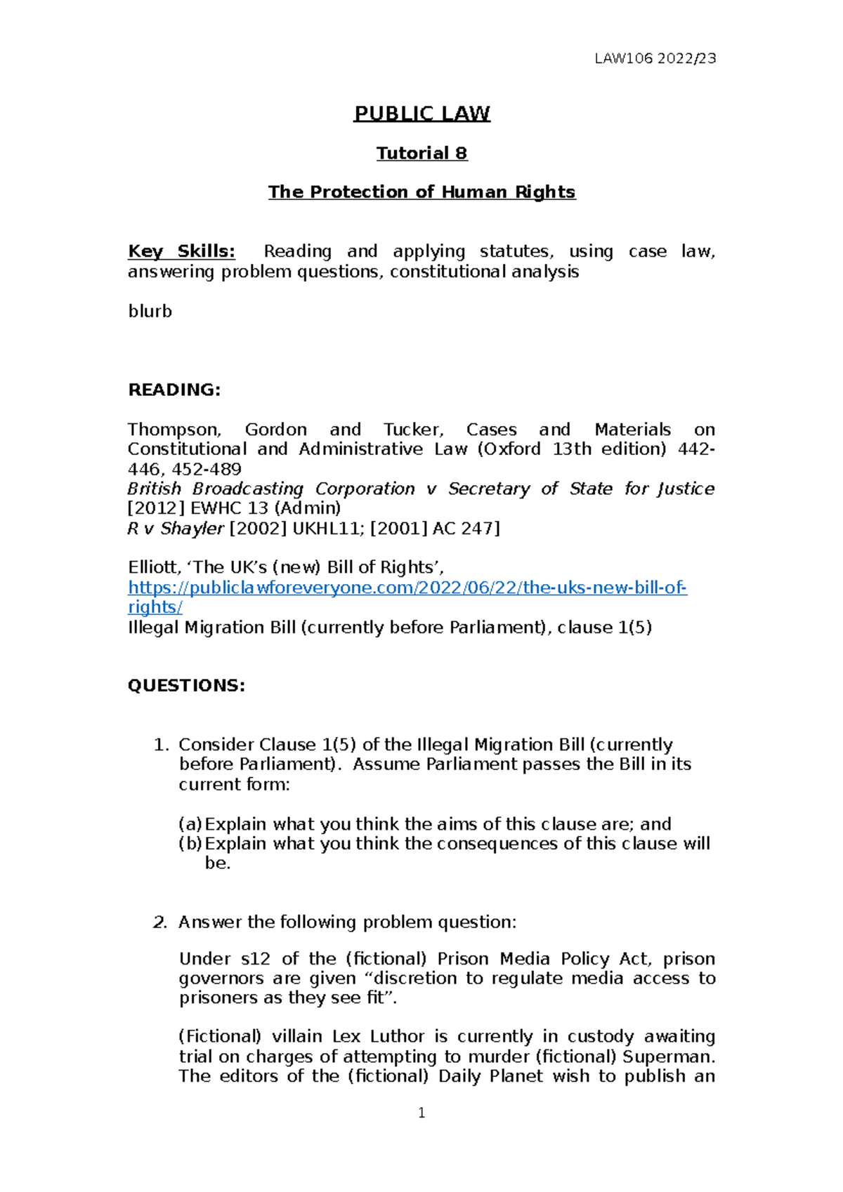 Tutorial 8 - human rights - LAW106 2022/ PUBLIC LAW Tutorial 8 The ...