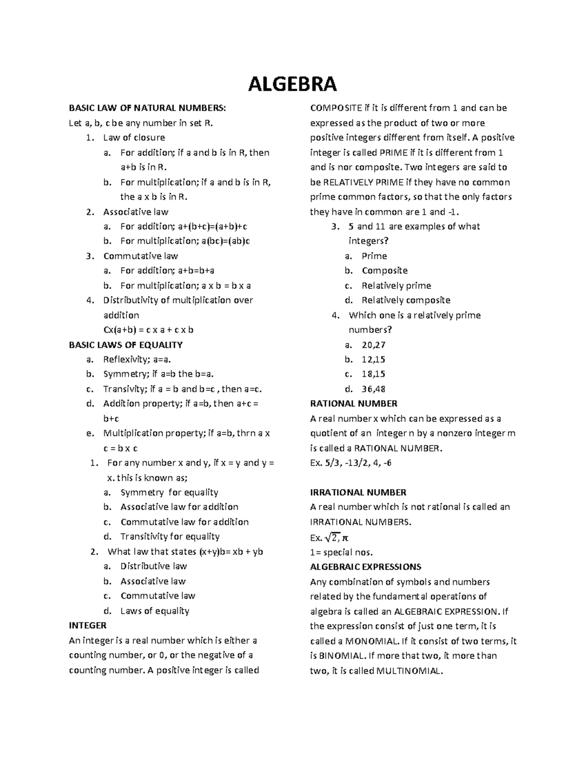 Algebra - ALGEBRA BASIC LAW OF NATURAL NUMBERS: Let a, b, c be any ...