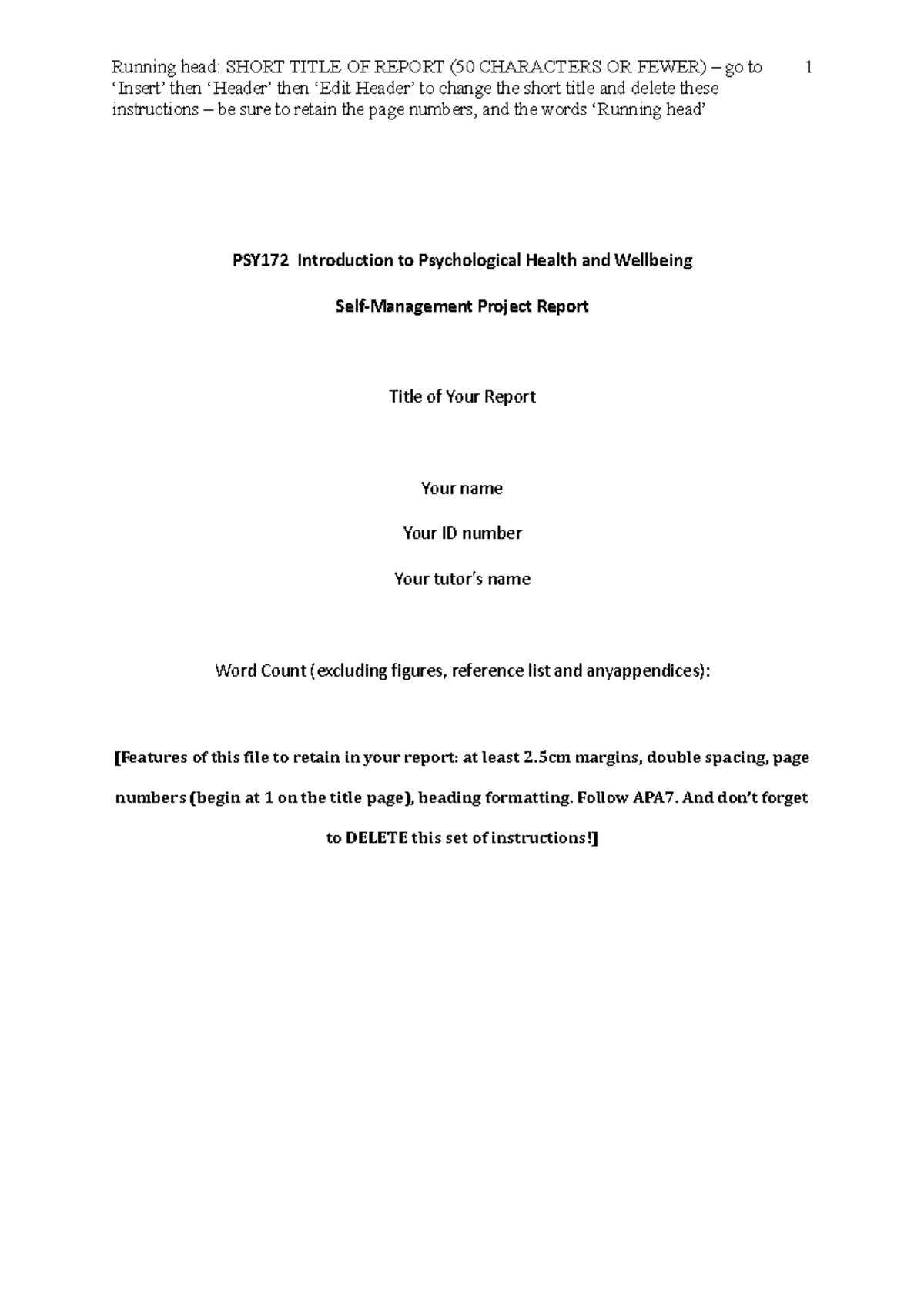 SMP report template 2022 - Running head: SHORT TITLE OF REPORT (50 ...