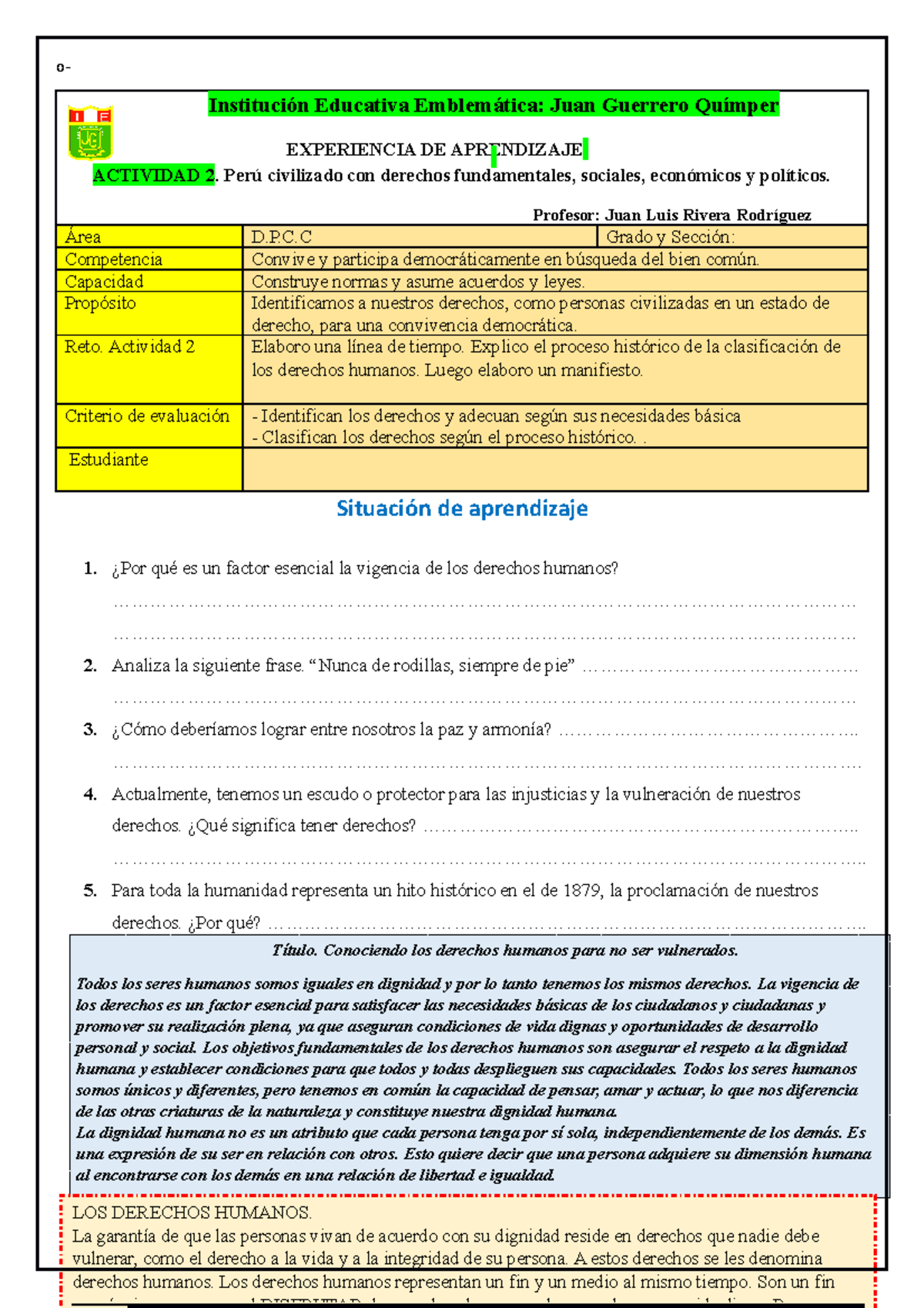 Actividad 2. Derechos fund., econ., soc., polít. III BIM. - o- Institución Educativa Emblemática ...