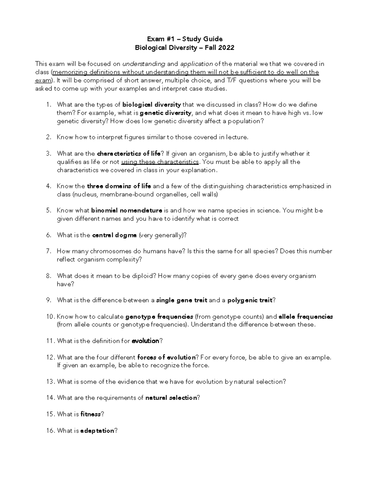 Study Guide for Biological Diversity Exam I - Fall 2022 - Exam #1 ...