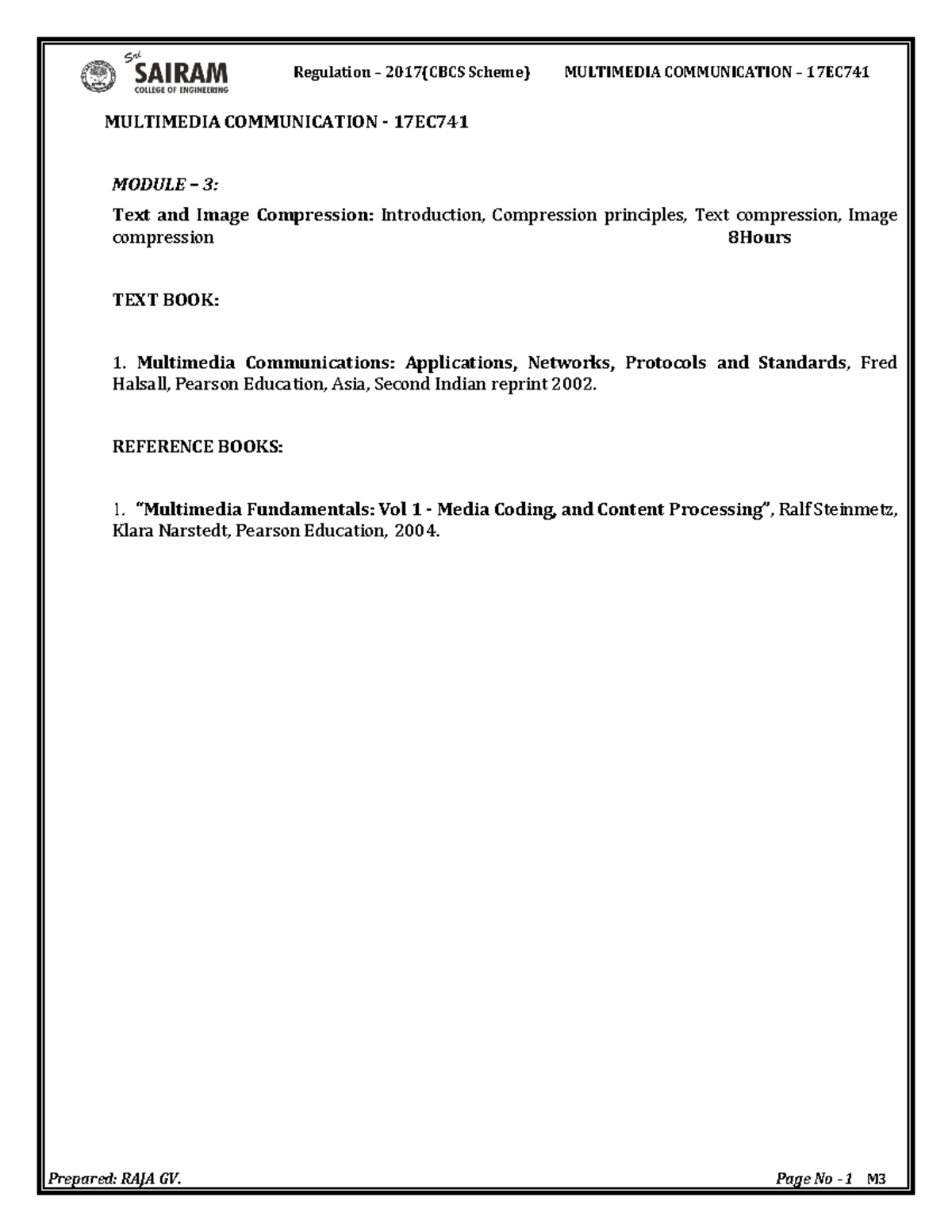 Lecture Notes 17EC741 Module 3A Itext & Image Compression RAJA GV ...