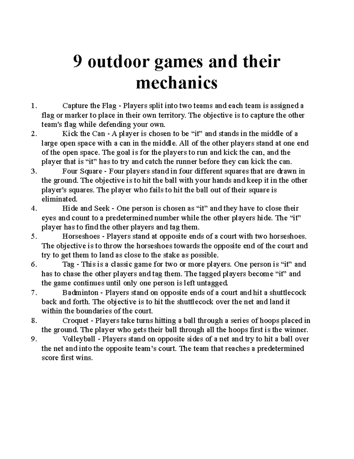 9 outdoor games and their mechanics - 9 outdoor games and their ...