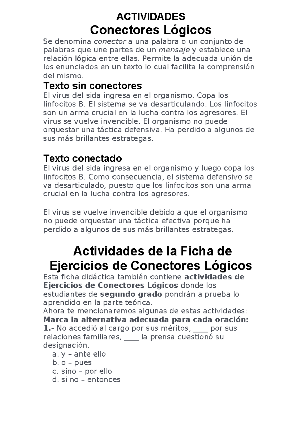 Conectores Logicos - usamos preposiciones - ACTIVIDADES Conectores ...