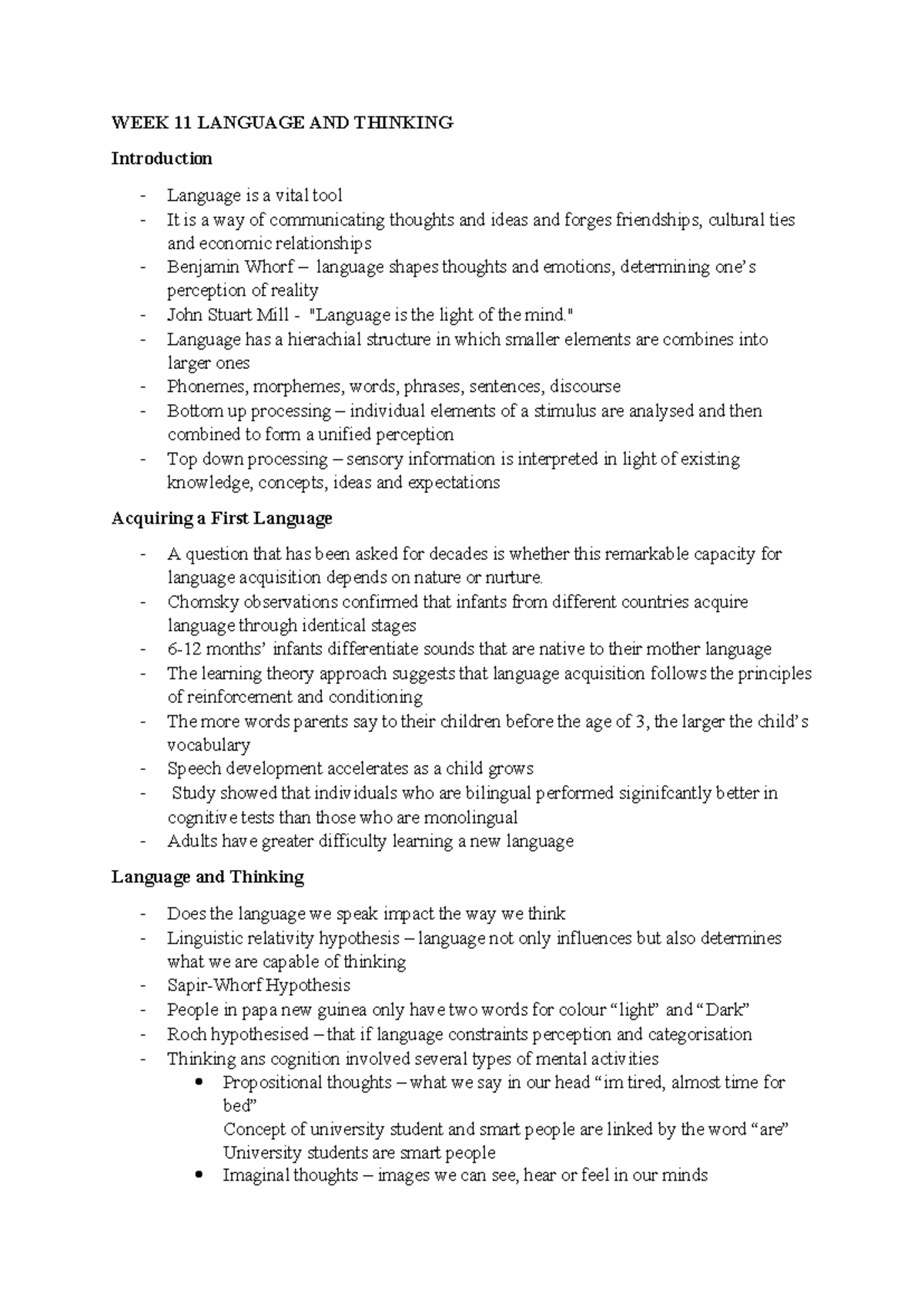 Behavioural Science Lecture Notes Week 11 Language And Thinking Introduction Language Is A