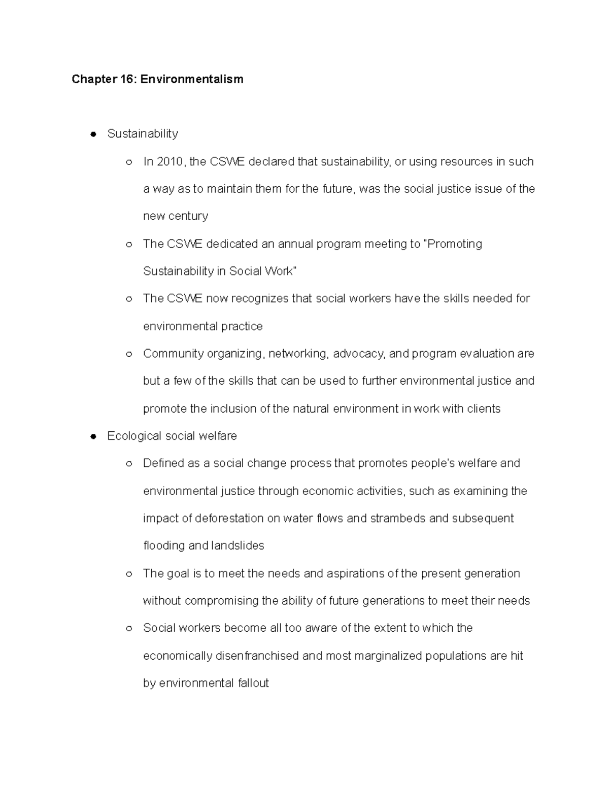 Chapter 16 Notes - Chapter 16: Environmentalism Sustainability In 2010 ...