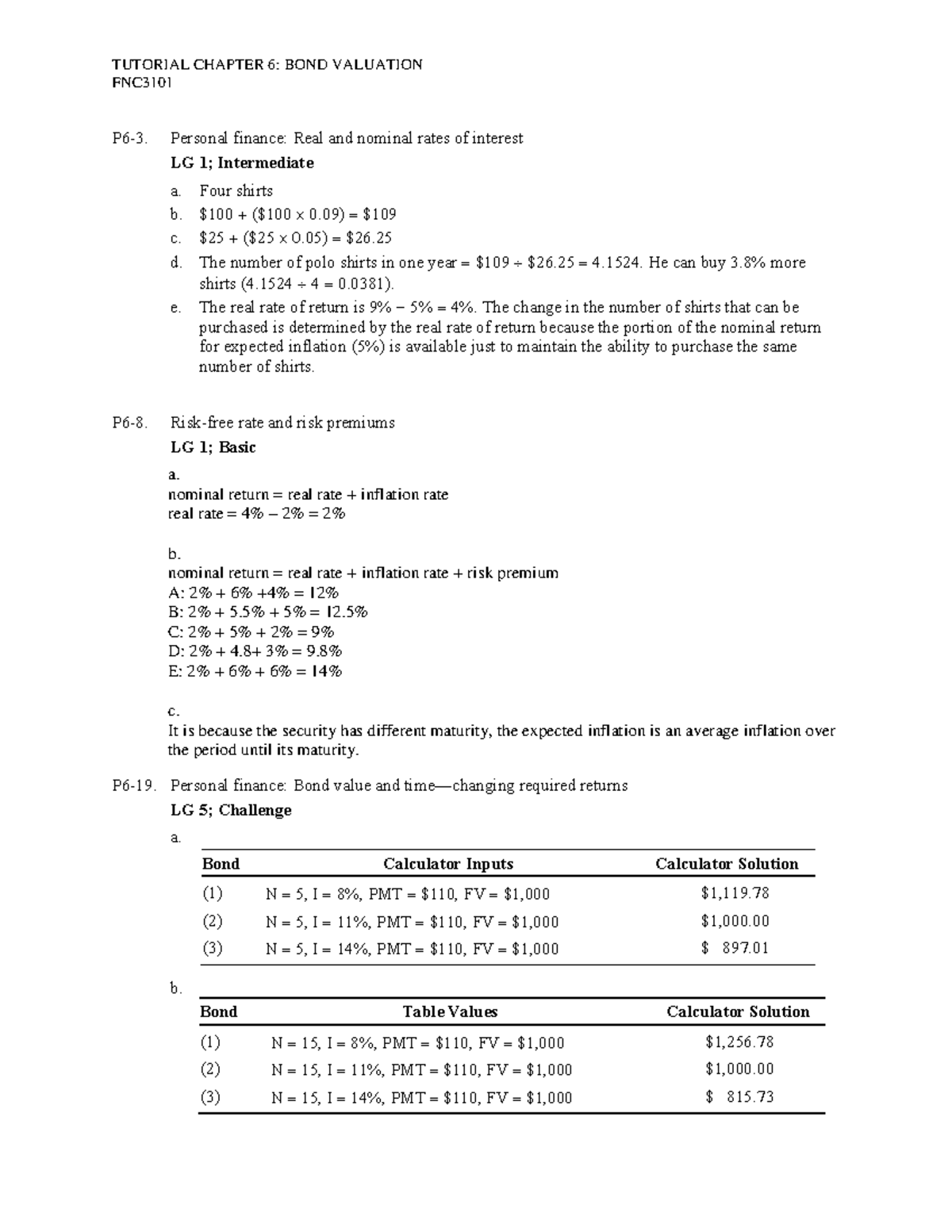 Tutorial Chapter 6 BOND Valuation - TUTORIAL CHAPTER 6: BOND VALUATION ...