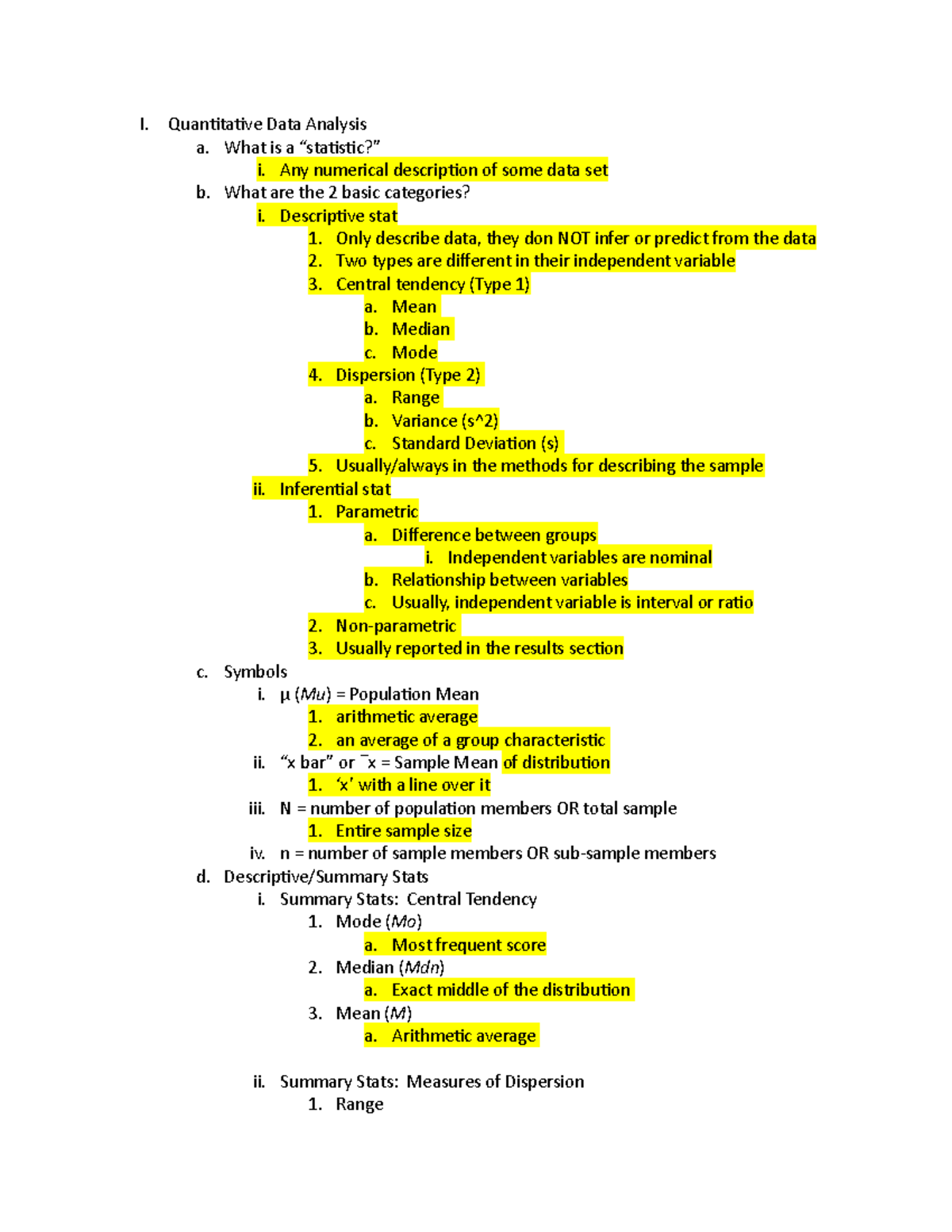 Quantitative Data Analysis Review for Exam 3 - I. Quantitative Data ...
