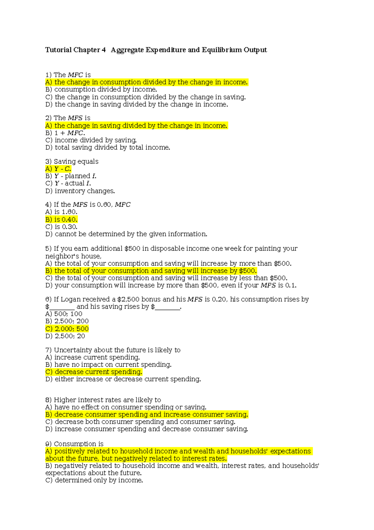 Tutorial Chapter 4 Aggregate Expenditure And Equilibrium Output Exercise B Consumption