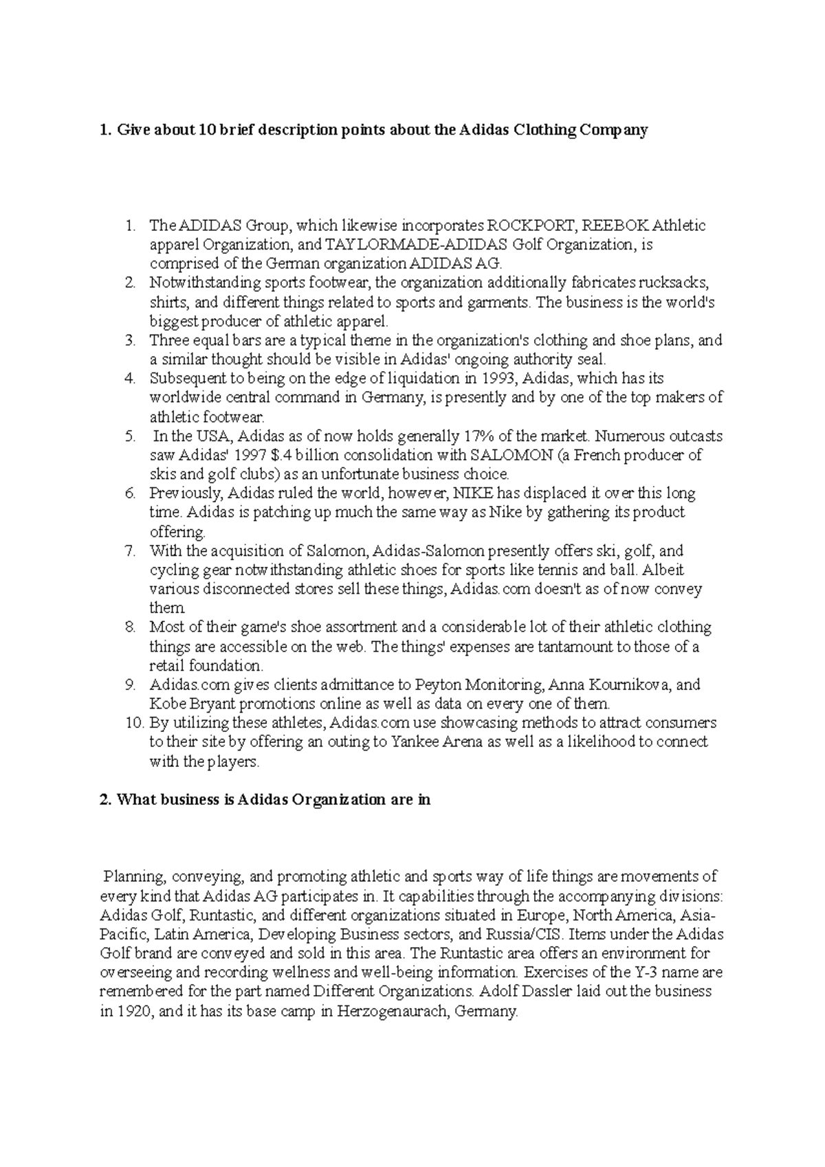 Adidas - law - 1. Give about 10 brief description points about the ...