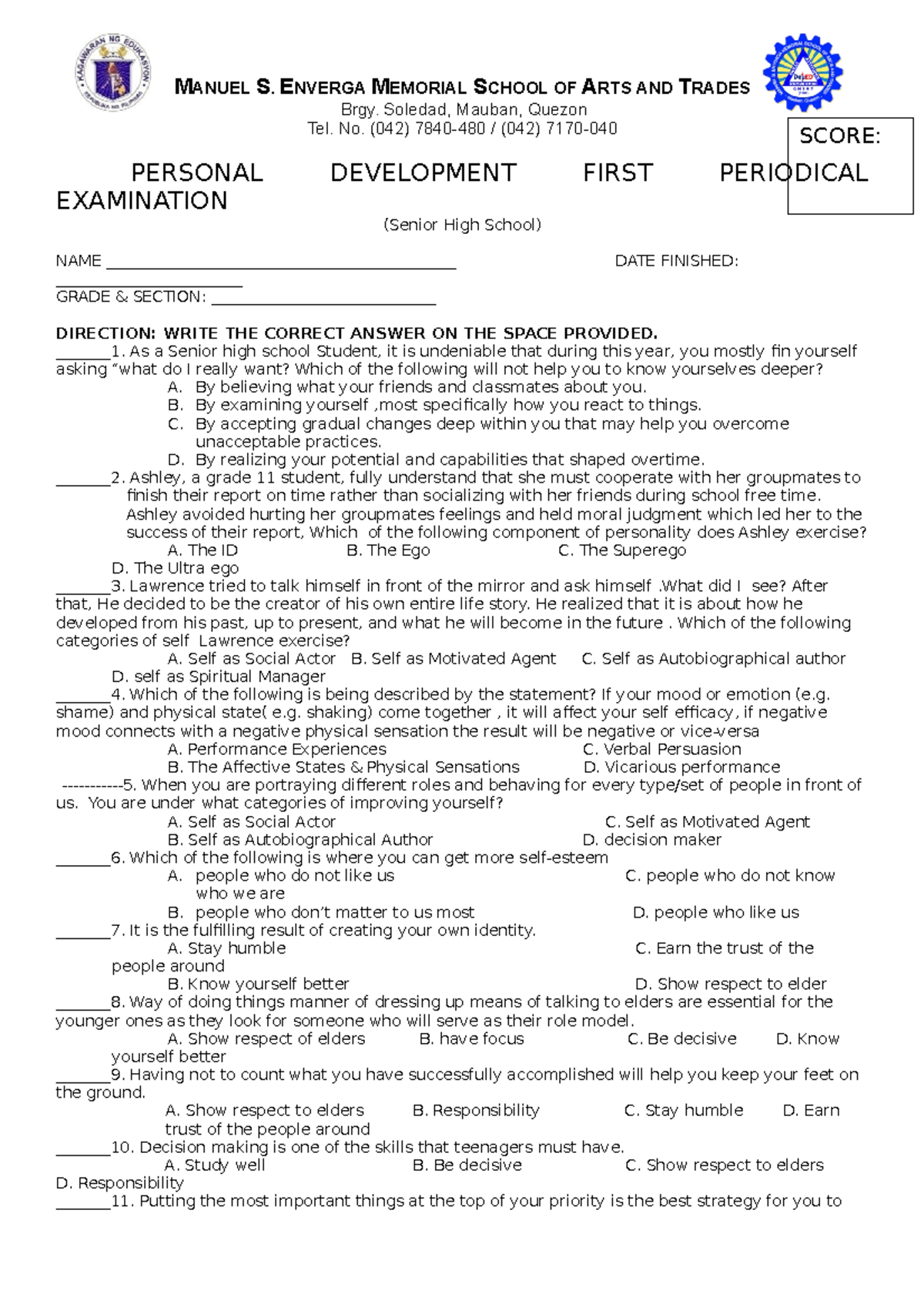 Perdev periodical EXAM 1ST Quarter EXAM - MANUEL S. ENVERGA MEMORIAL ...