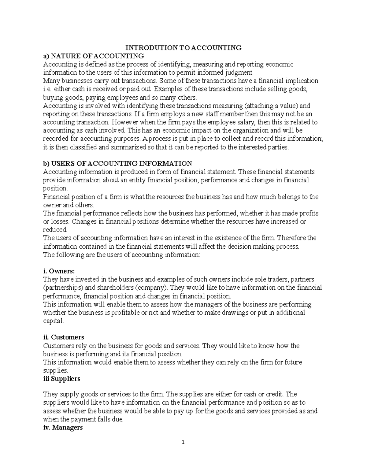 Introdution TO Accounting - INTRODUTION TO ACCOUNTING a) NATURE OF ...