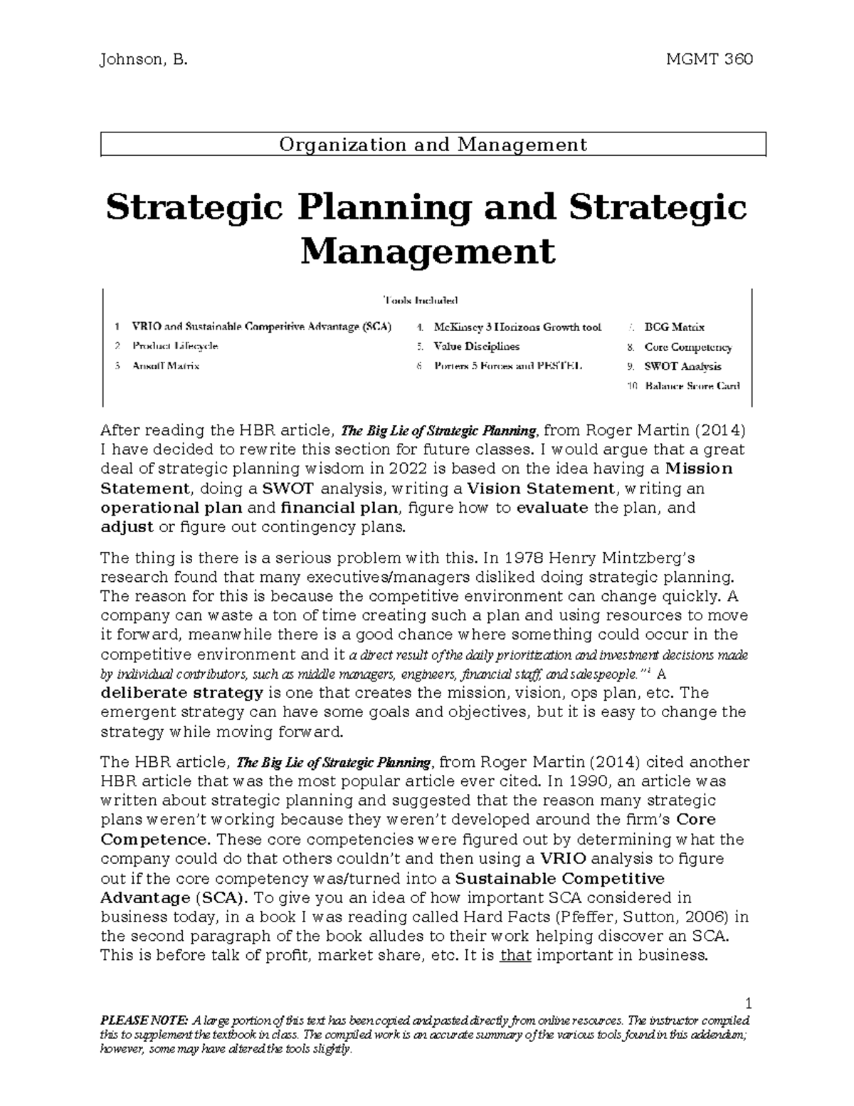 Strategic Planning AND Management Lecture Notes - ####### Organization ...