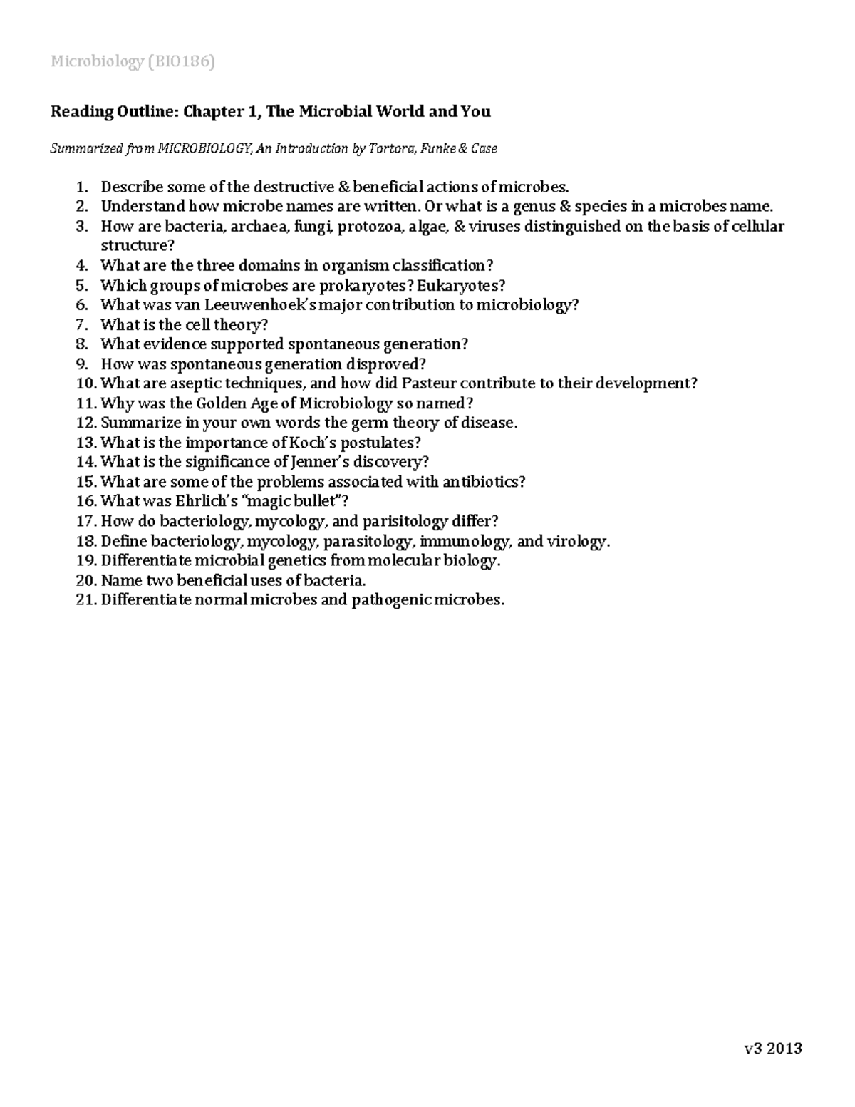 Chapter 1 Reading Outline - Microbiology (BIO186) v3 2013 Reading ...