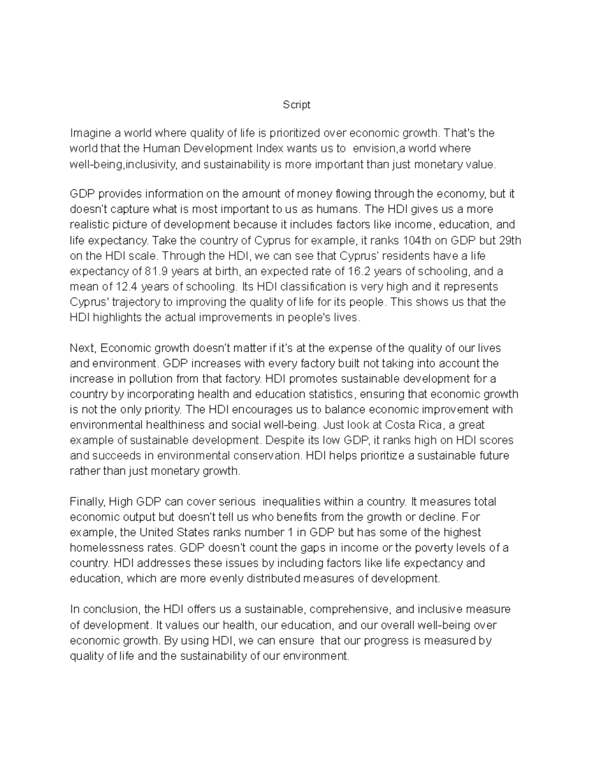 HDI - Economics GDP Assignment - Why is HDI more inclusive - Script ...