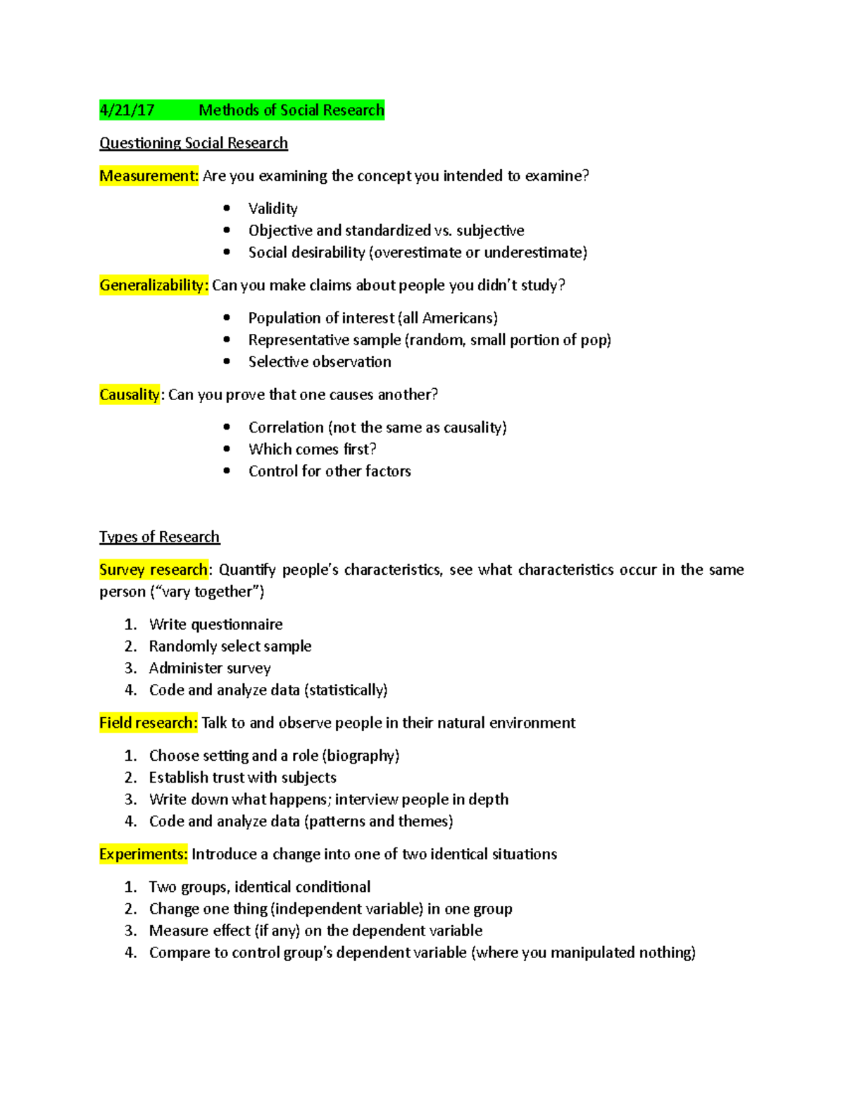 Exam 2 notes - 4/21/17 Methods of Social Research Questioning Social ...