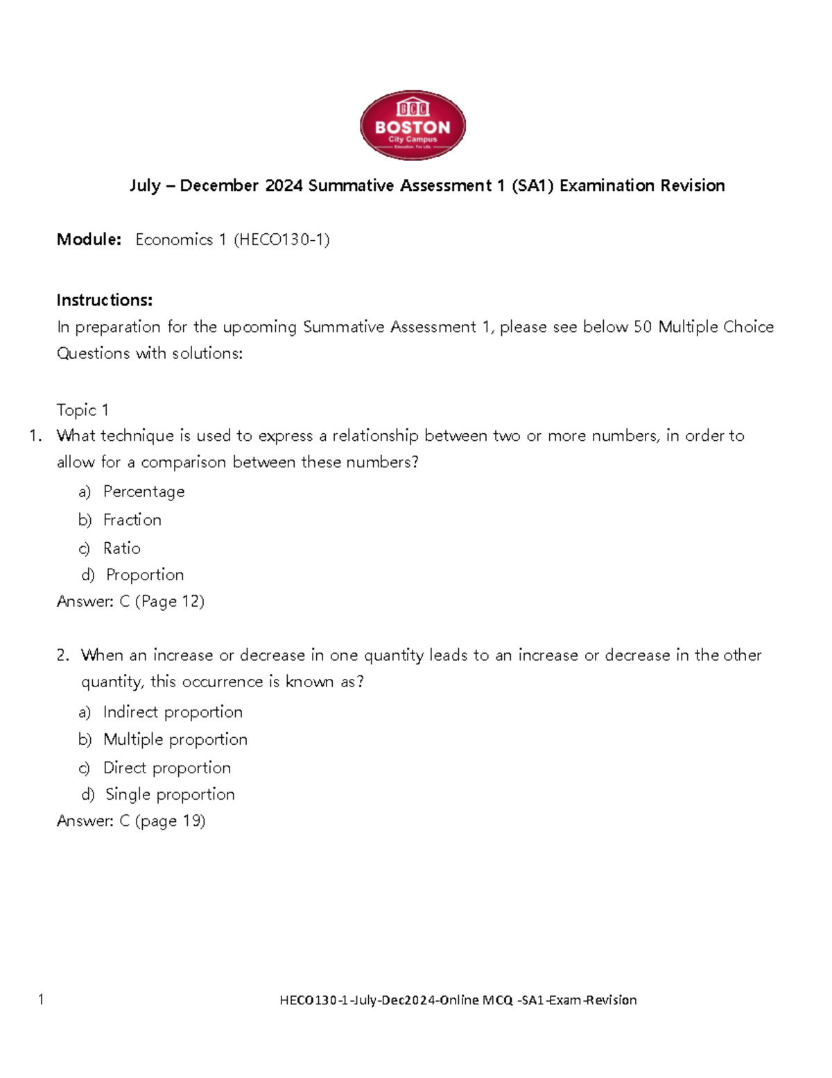 HECO130-1-July-Dec2024-Online MCQ -SA1-Exam-Revision - July – December 2024 Summative Assessment ...