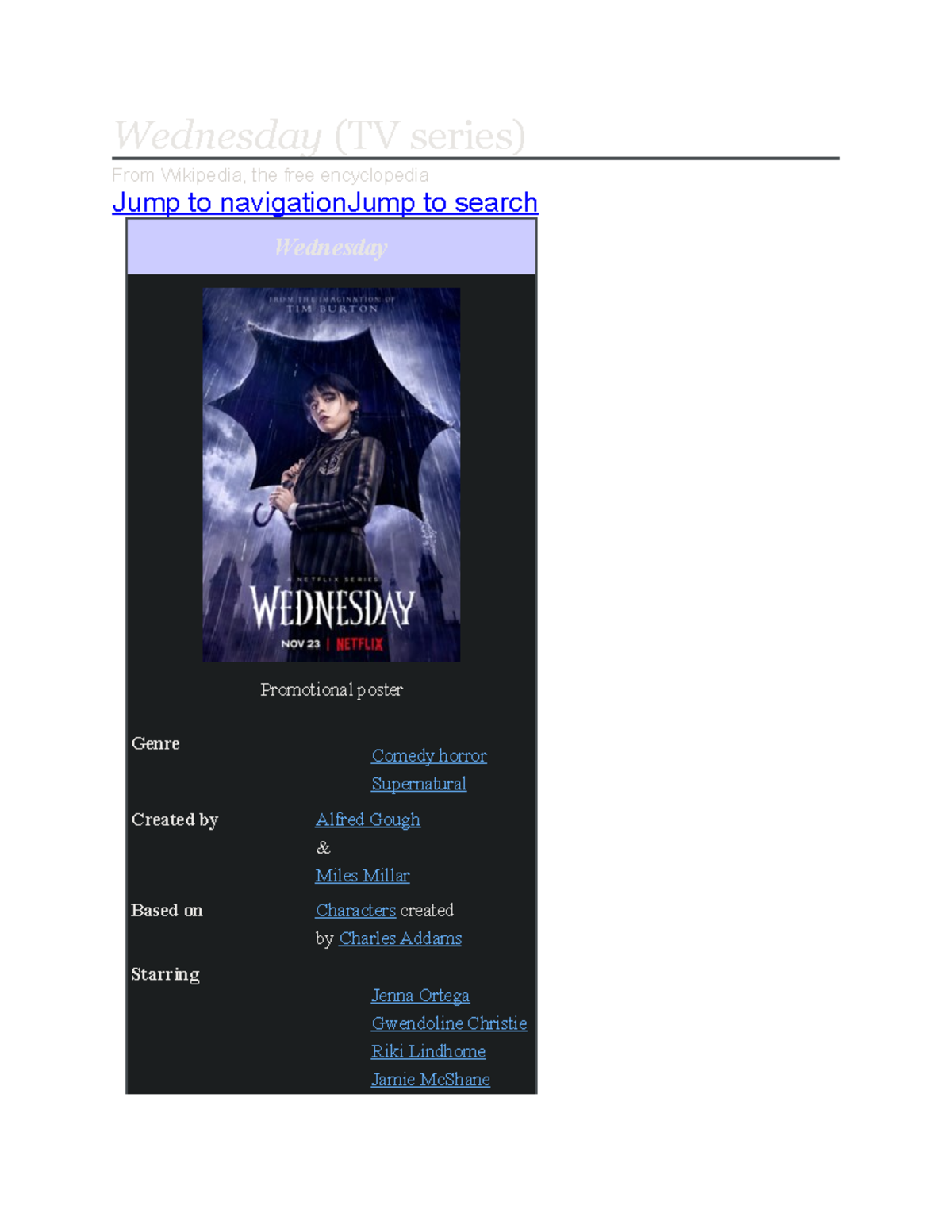 Wednesday - . - Wednesday (TV series) From Wikipedia, the free encyclopedia Jump to ...