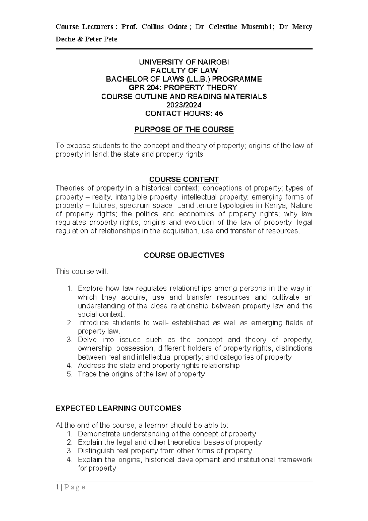 Property Theory Course Outline 2023 - Deche & Peter Pete UNIVERSITY OF ...