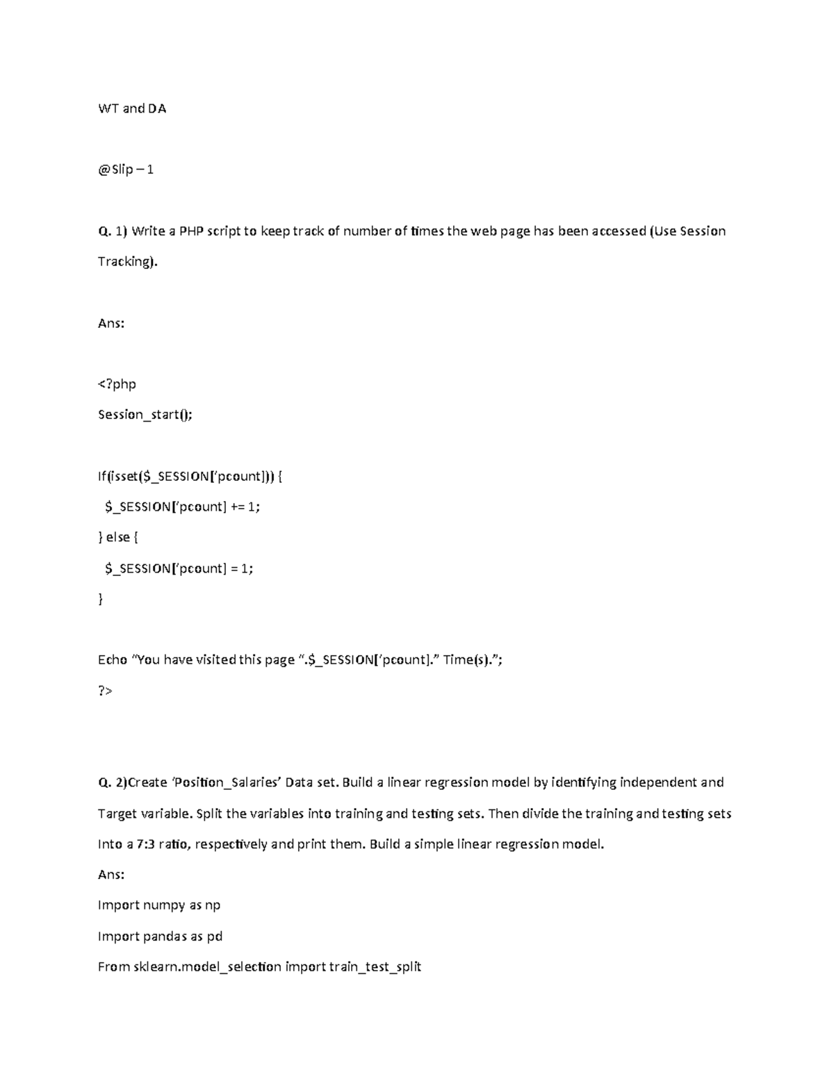 650307574 wt Da all practical questions - WT and DA @Slip – 1 Q. 1 ...