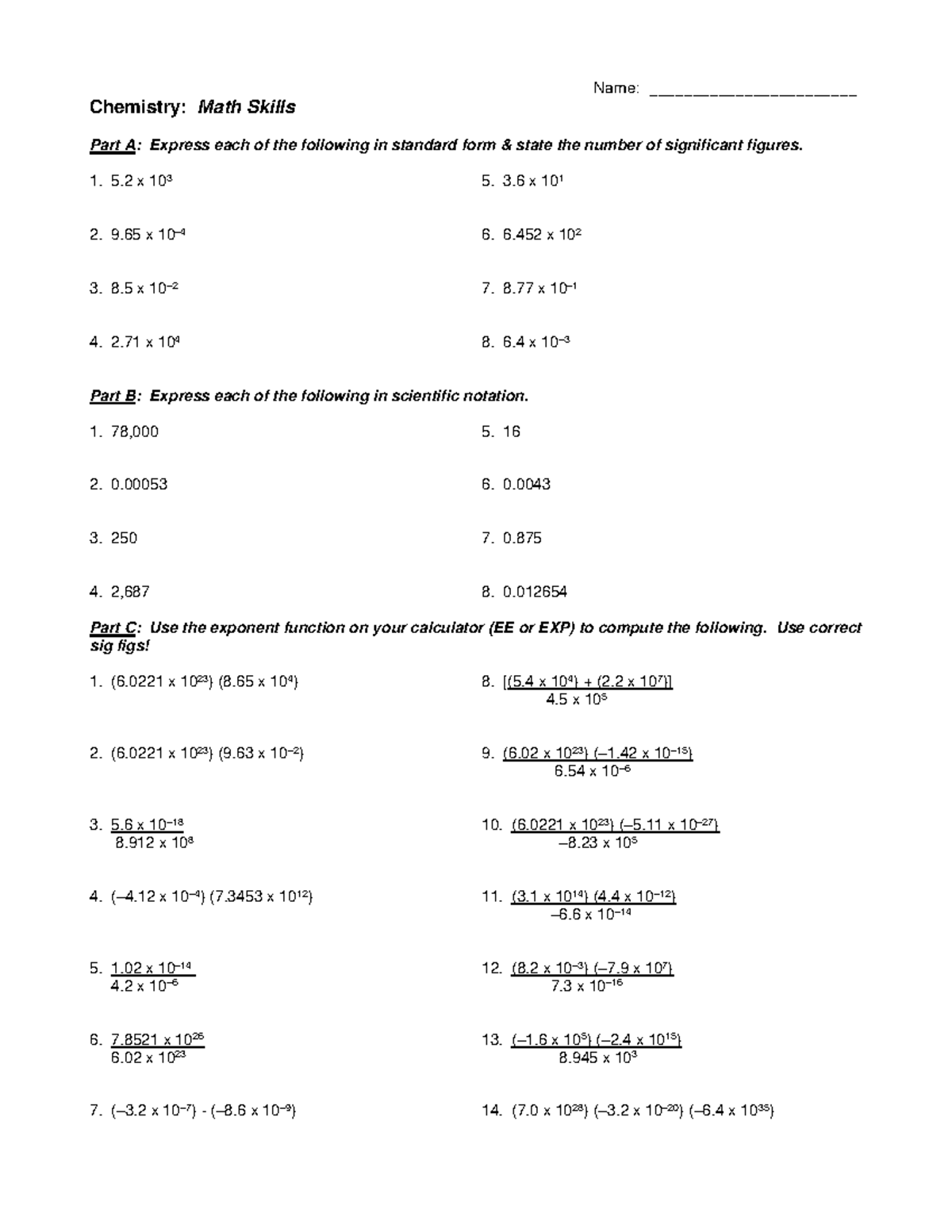 1 Math Skills for Chemistry Worksheet - MAT1362 - uOttawa - Studocu