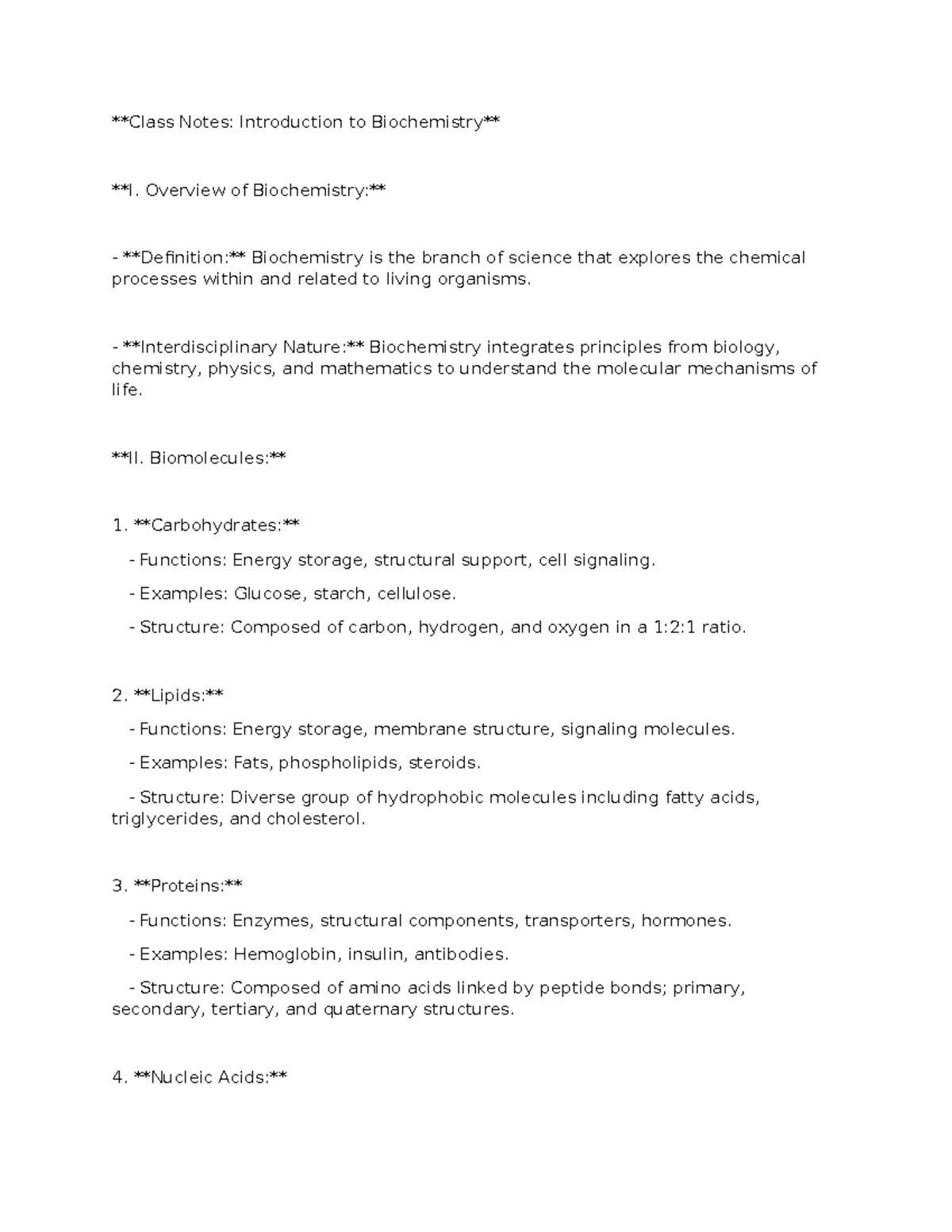 Biochem notes - Class Notes: Introduction to Biochemistry I. Overview ...